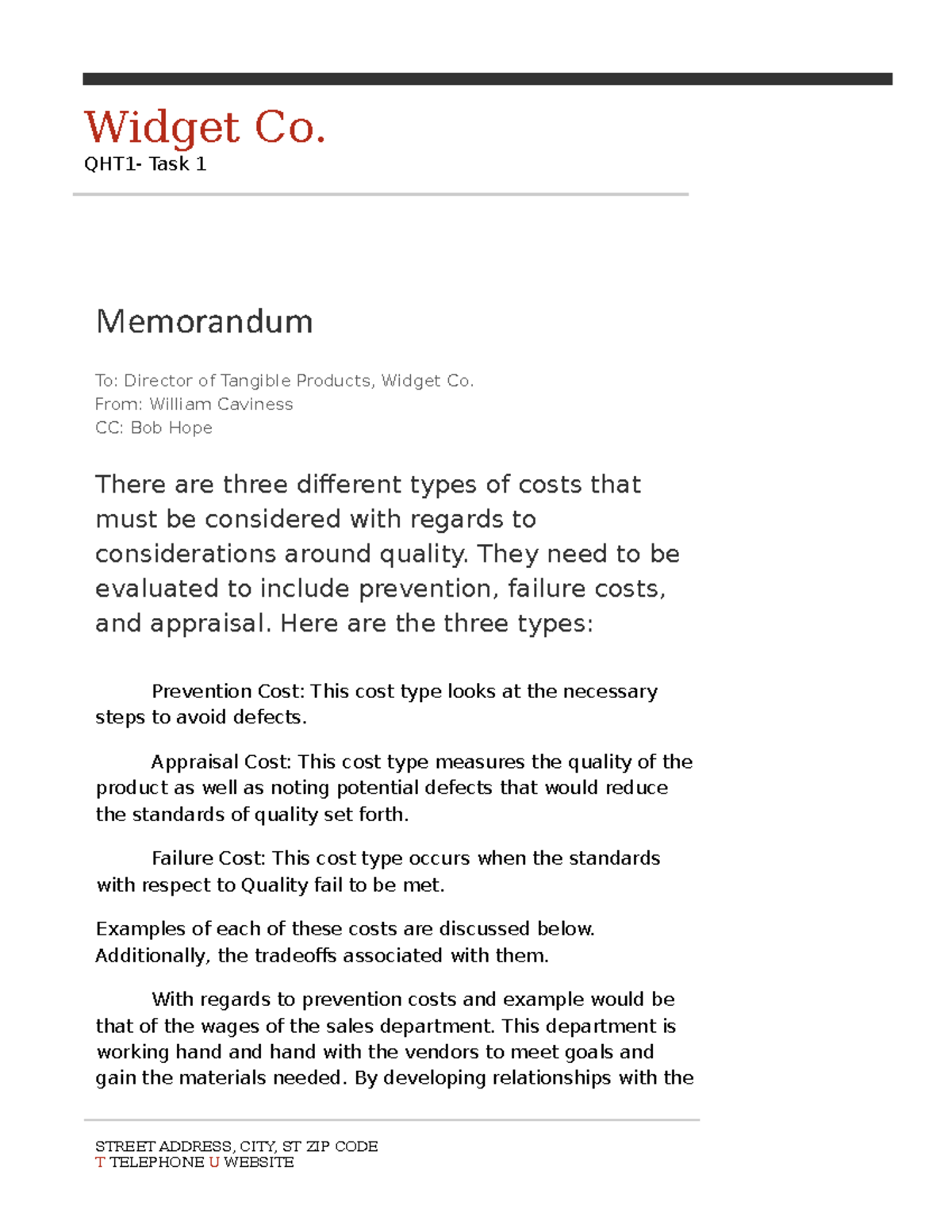 QHT1-Task 1 - Assignment - Widget Co. QHT1- Task 1 Memorandum To ...