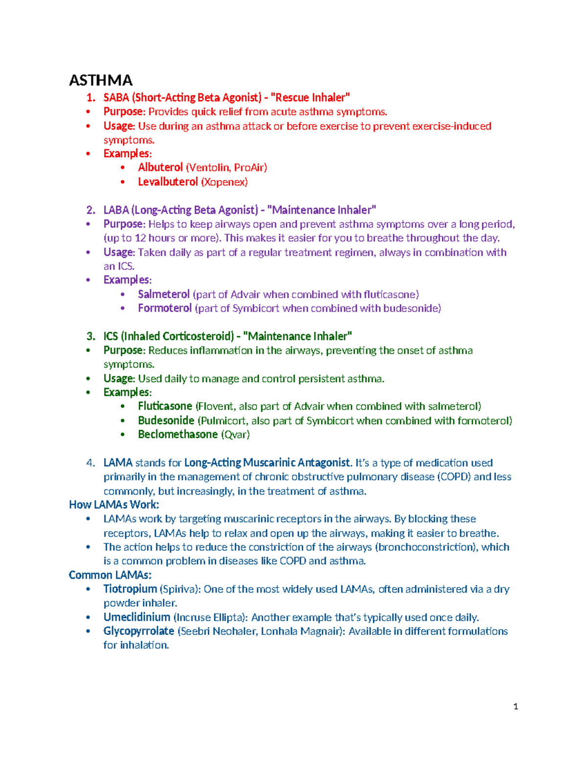 Asthma - Lecture notes on respiratory issues - ASTHMA 1. SABA (Short ...