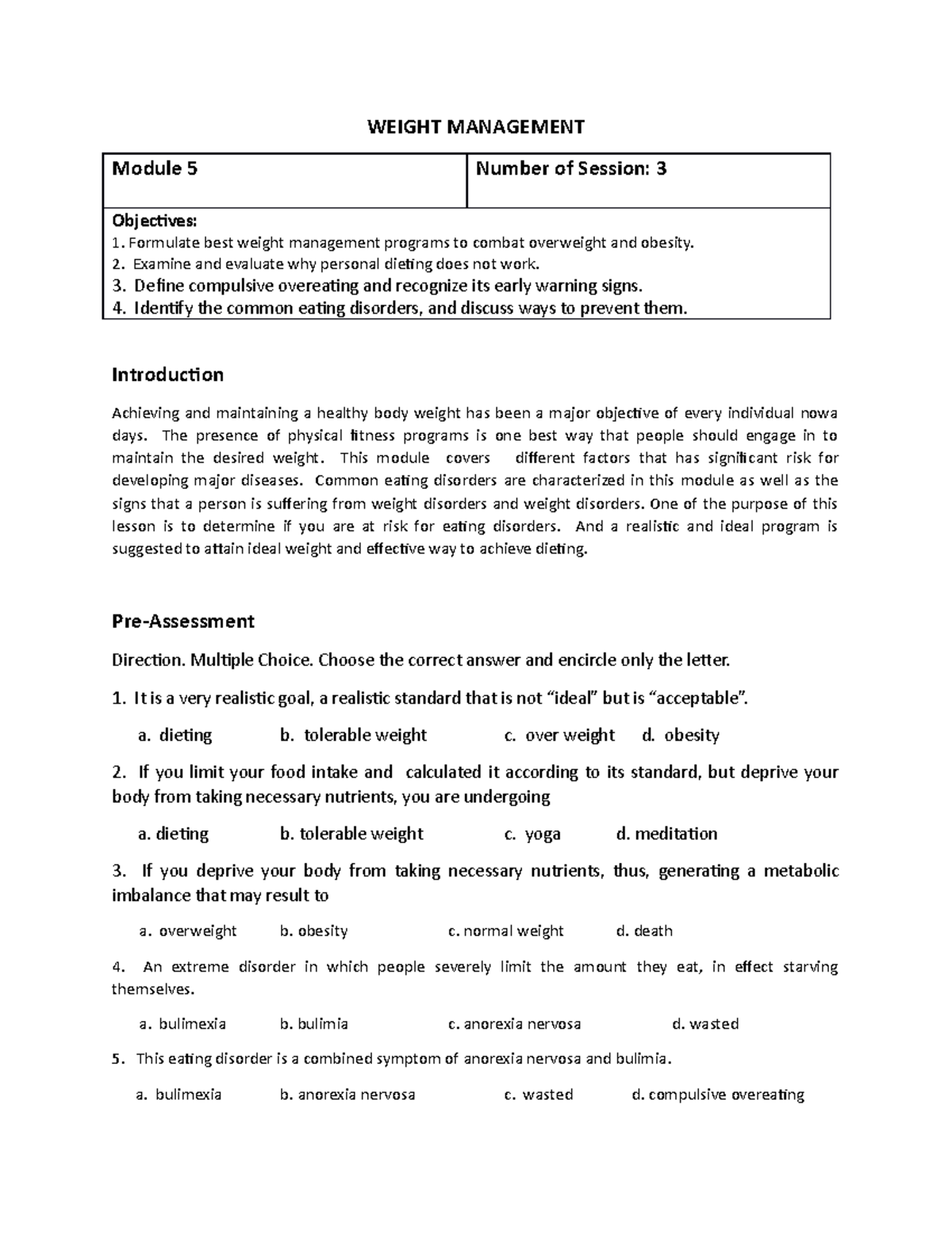 Weight-management - WEIGHT MANAGEMENT Module 5 Number of Session: 3 ...