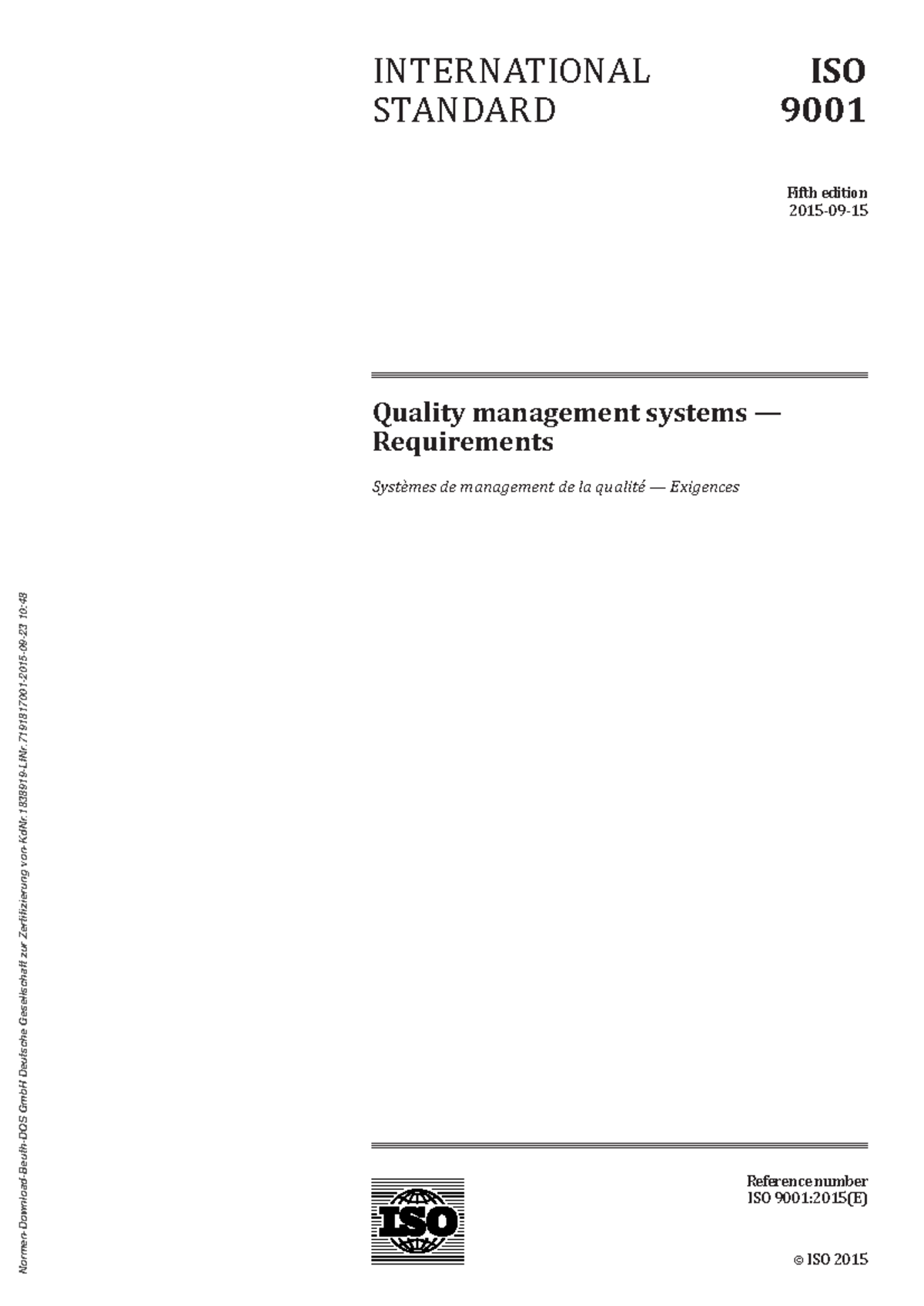 Norme ISO 9001 v2015 EN - © ISO 2015 Quality management systems — Requirements Systèmes de - Studocu