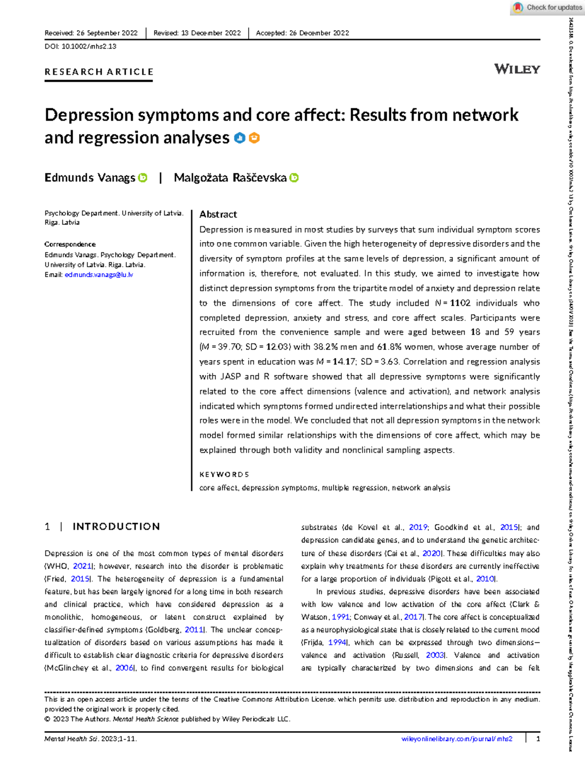 Depression symptoms and core affect Resu - Received: 26 September 2022 ...