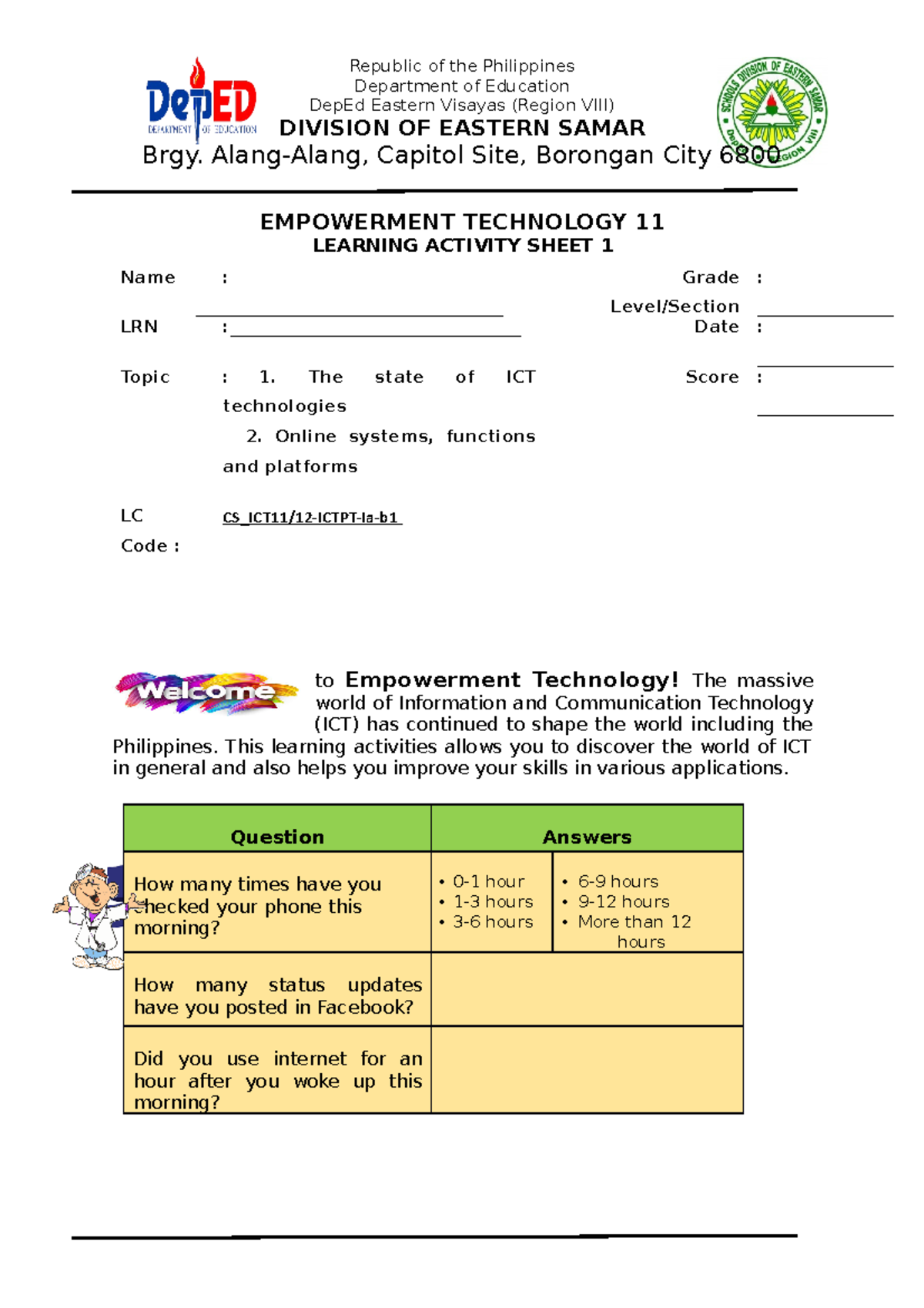 Learning Activity Sheet 1 - Republic of the Philippines Department of ...