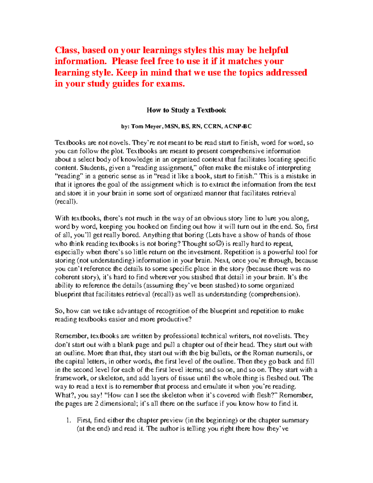 How to Study a Textbook - NU 545 - Class, based on your learnings ...
