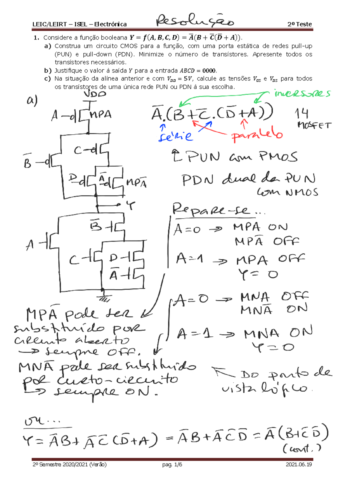 E 2021SV T2 sol - Testes - 1. Considere a função booleana 𝒀 = 𝒇(𝑨, 𝑩, 𝑪 ...