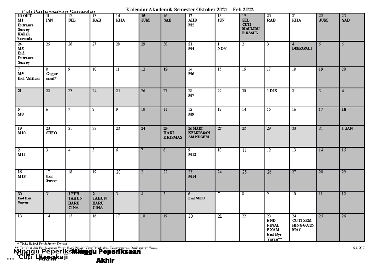 Planner Semester OCT 2021 FEB 2022 - Kalendar Akademik Semester Oktober ...