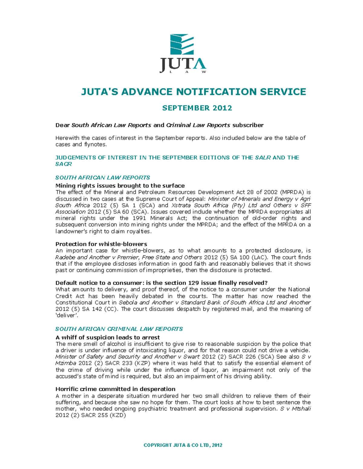 Law Reports Advance Notification 09 Sep 2012 - JUTA'S ADVANCE ...
