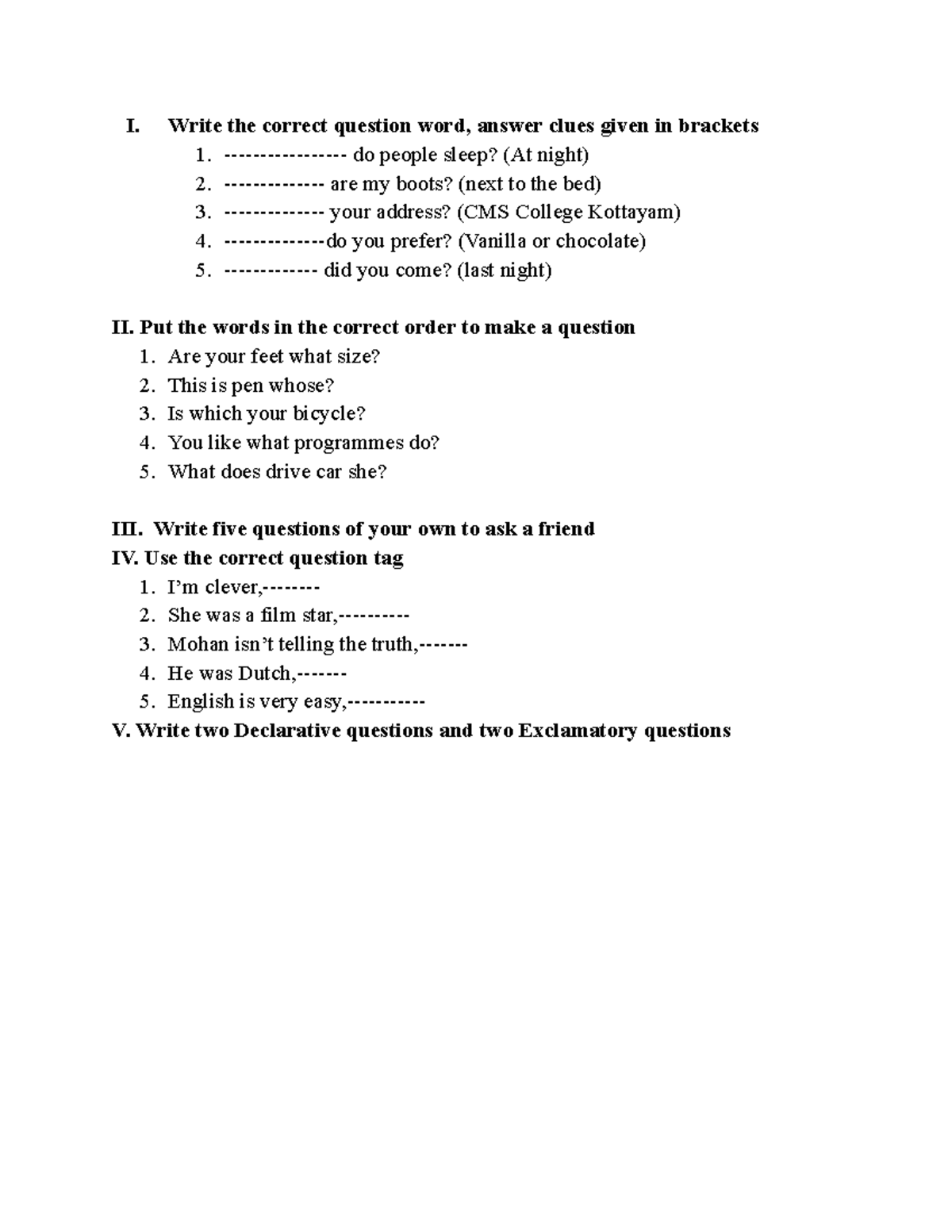 Questions- Worksheet - I. Write the correct question word, answer clues ...