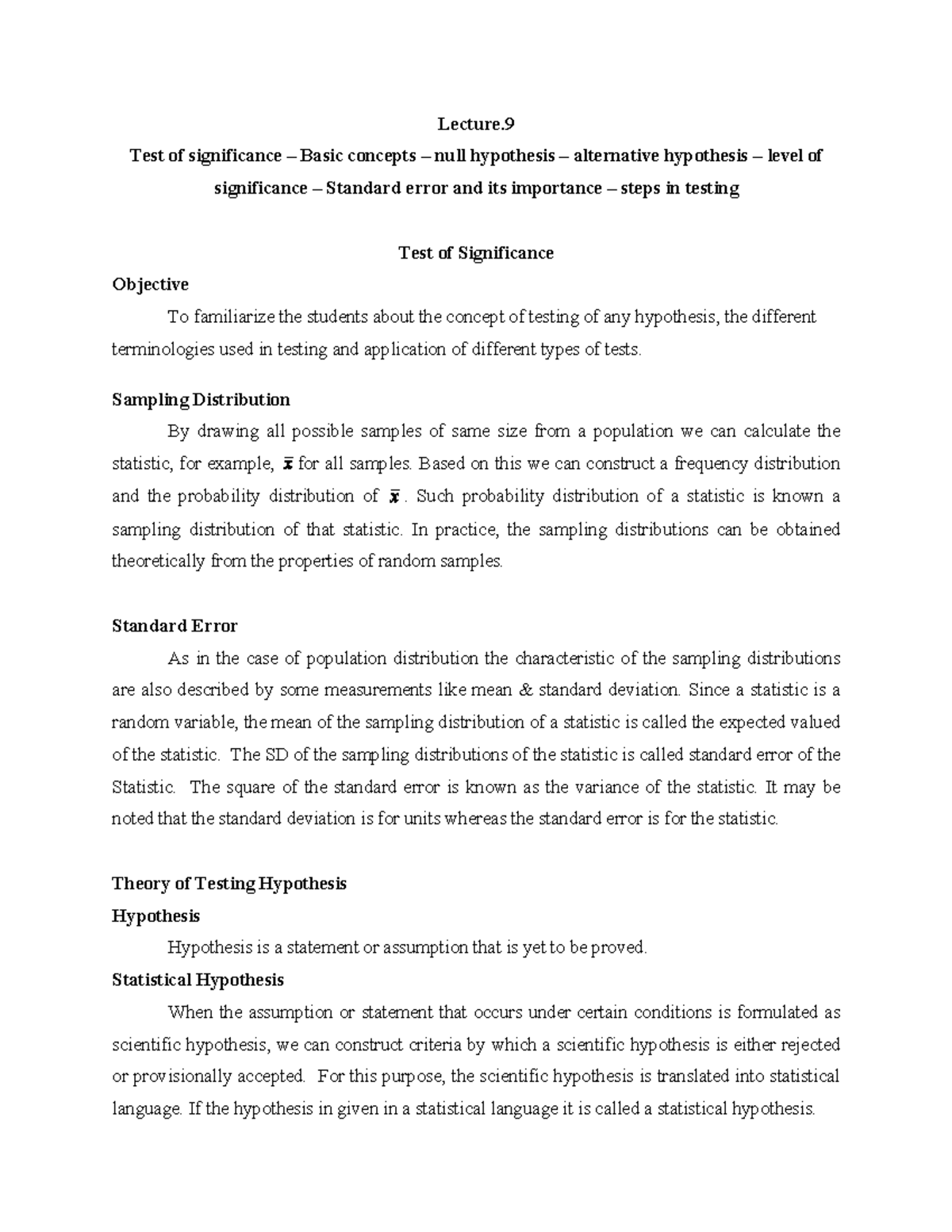 chapter nine: estimation and hypothesis testing - Lecture. Test of ...