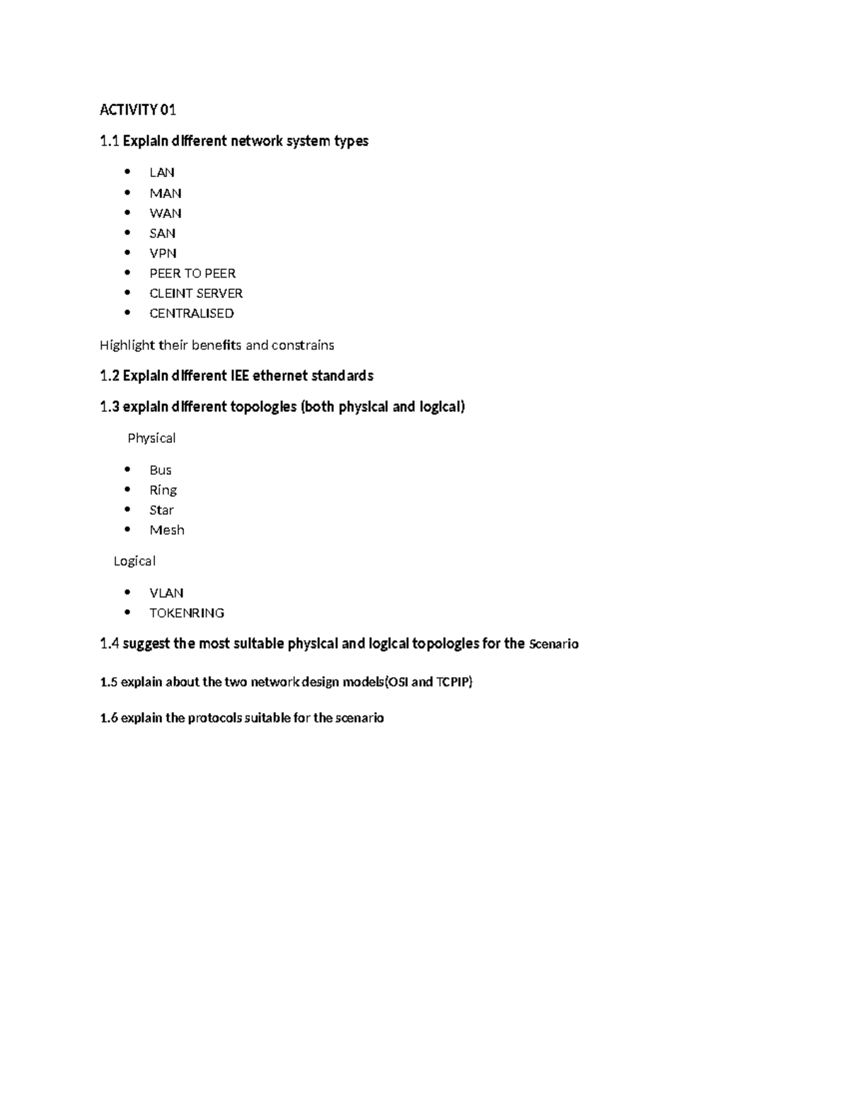 Activity 01 - Nothing here - ACTIVITY 01 1 Explain different network ...