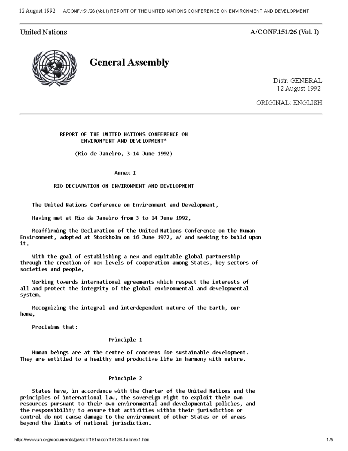The Rio Declaration - A/CONF/26 (Vol. I) REPORT OF THE UNITED NATIONS ...
