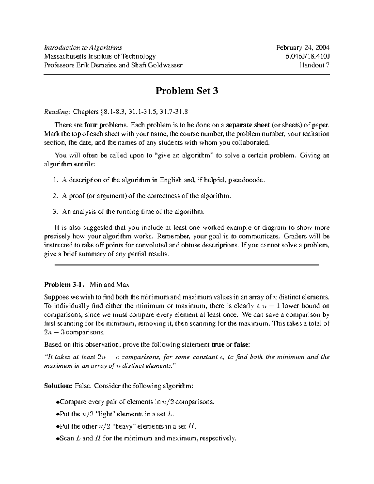 Ps3-sol - Solution - Introduction to Algorithms February 24, 2004 ...