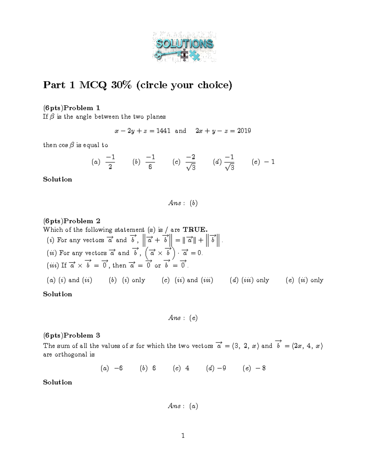 Autumn 2020-Final - Part 1 MCQ 30% (circle your choice) (6pts)Problem 1 ...