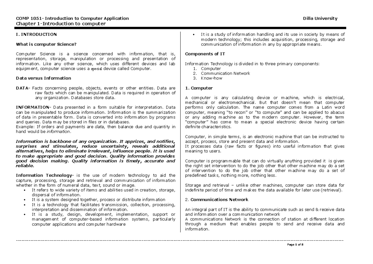 Chapter I - Introduction to Computer New - COMP 1051- Introduction to ...
