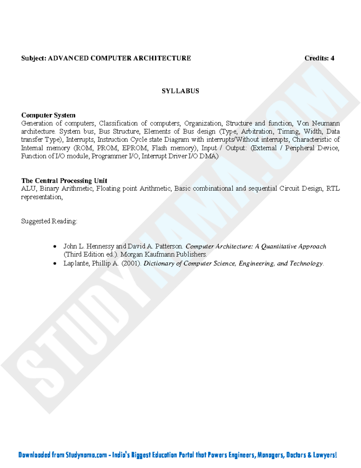 Computer Architecture - Subject: ADVANCED COMPUTER ARCHITECTURE Credits ...