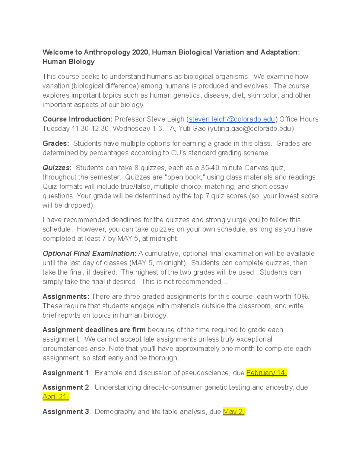 Human Biology Course Mechanics - Welcome to Anthropology 2020, Human ...