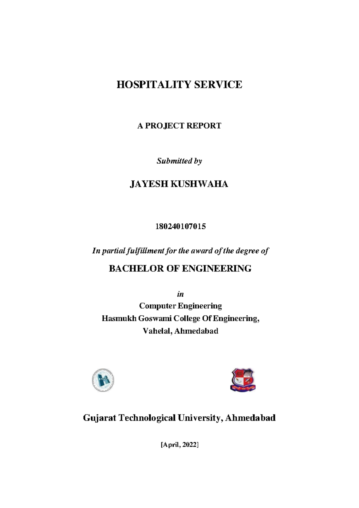 Report - Hello - HOSPITALITY SERVICE A PROJECT REPORT Submitted by ...