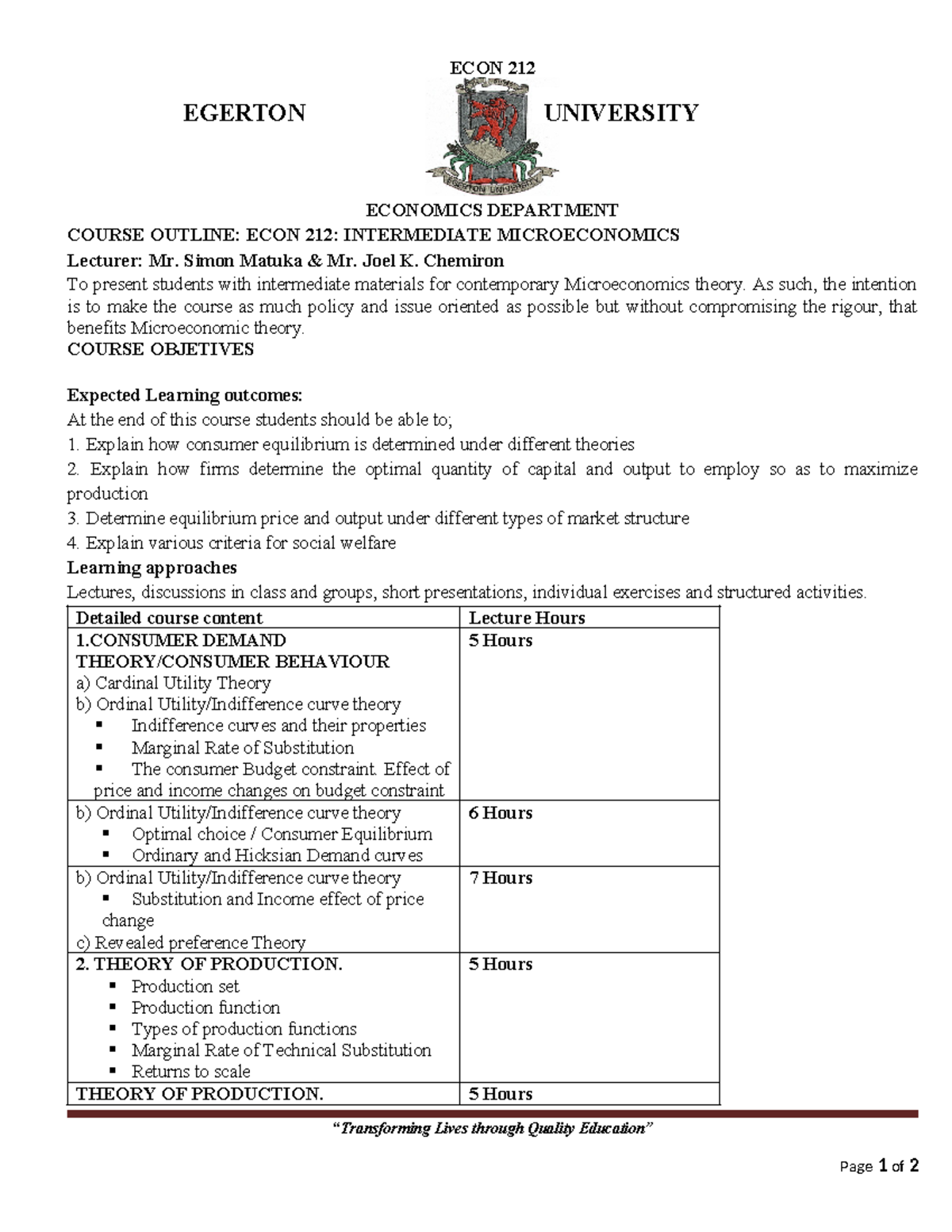 ECON 212 Course Outline - ECON 212 ECONOMICS DEPARTMENT COURSE OUTLINE ...