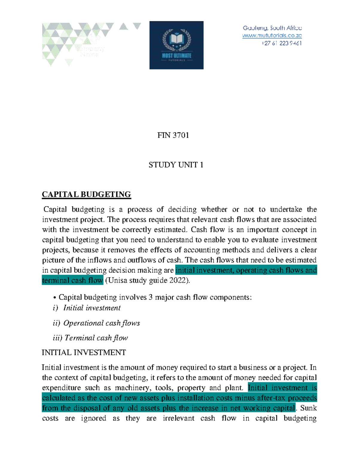 FIN 3701 Study UNIT 1 2022 updated - FIN 3701 STUDY UNIT 1 CAPITAL ...