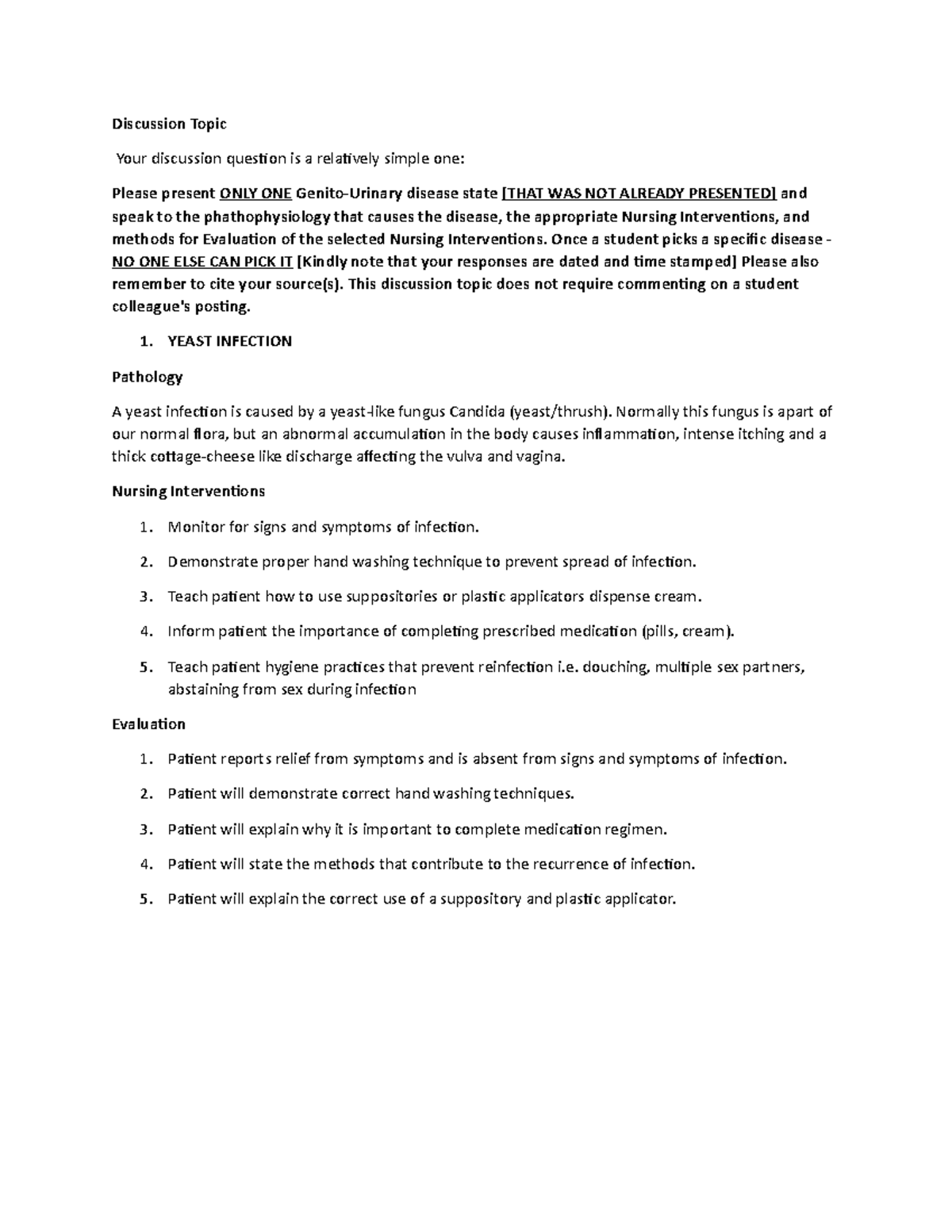 Nursing Pathophysiology Discussion Topic Yeast Infection - Discussion ...