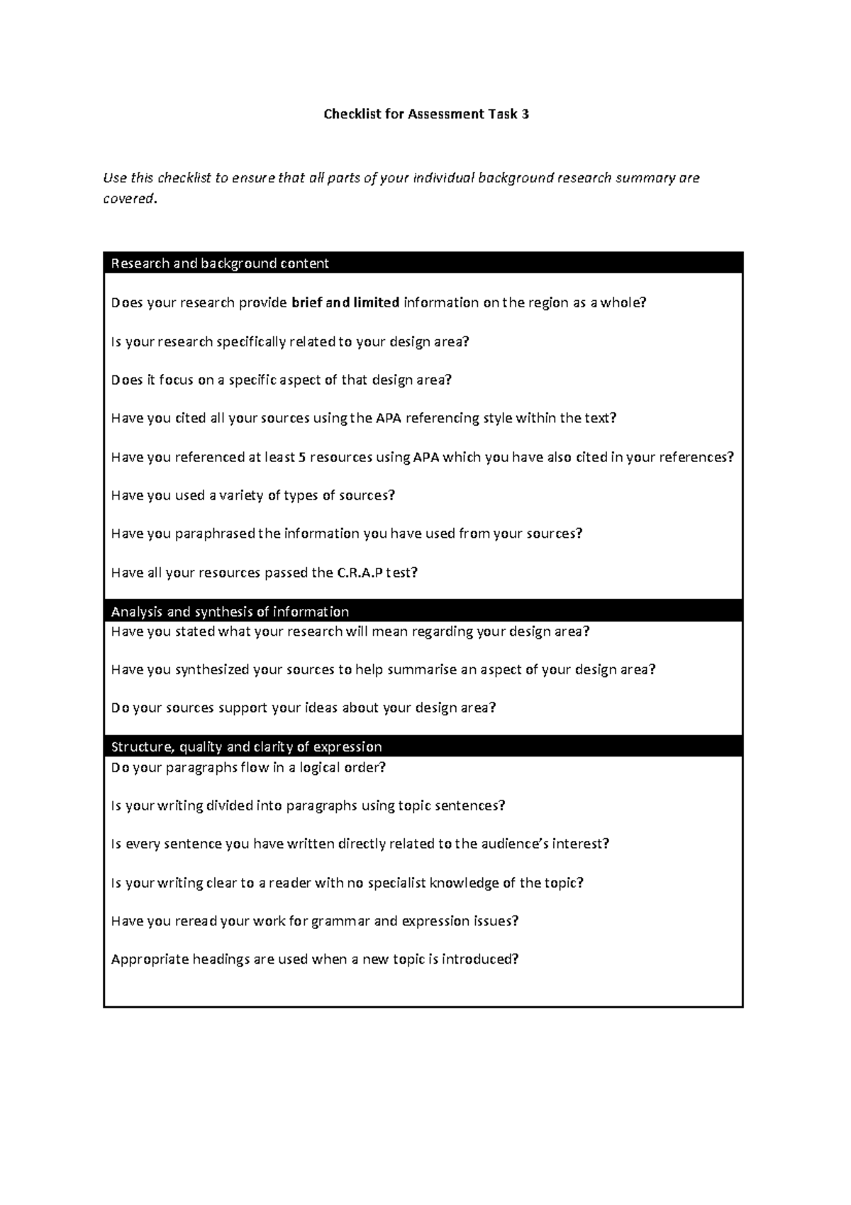 Assessment Task 3 Checklist - Checklist for Assessment Task 3 Use this ...