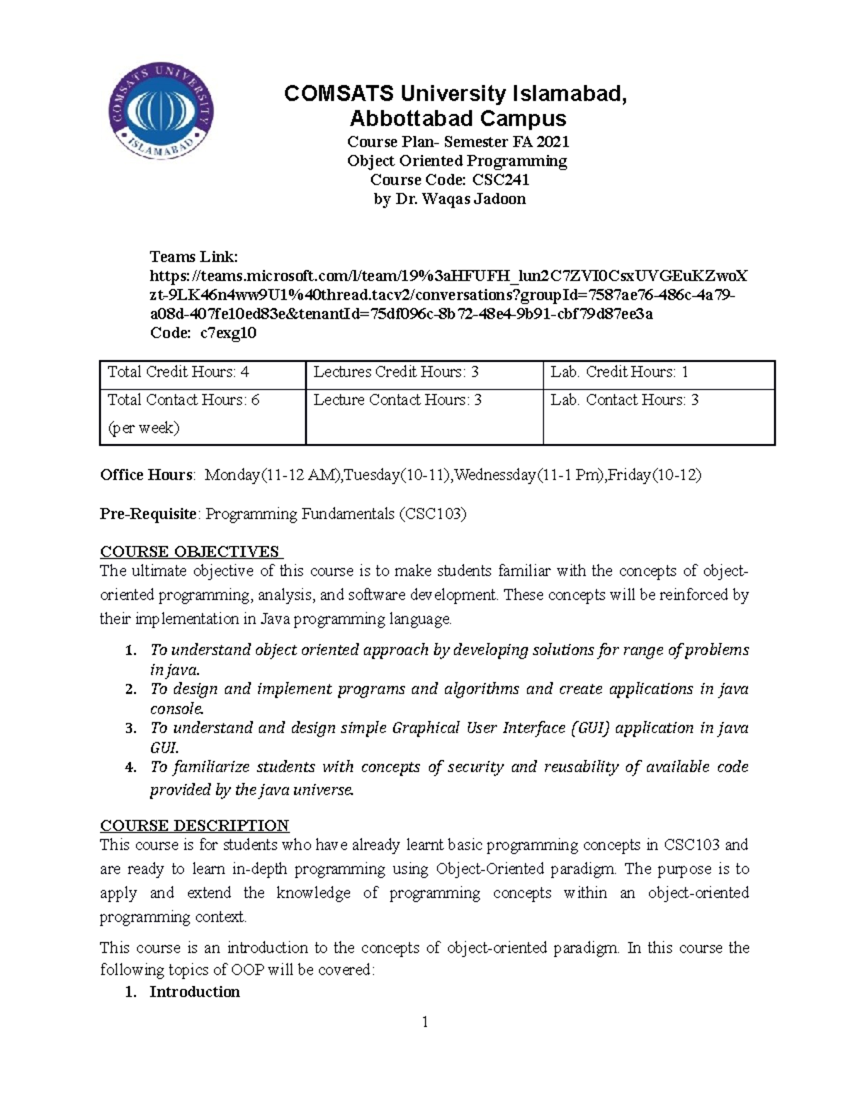 Couse Plan Of Introduction To Oop Object Oriented Programming Cui 8500