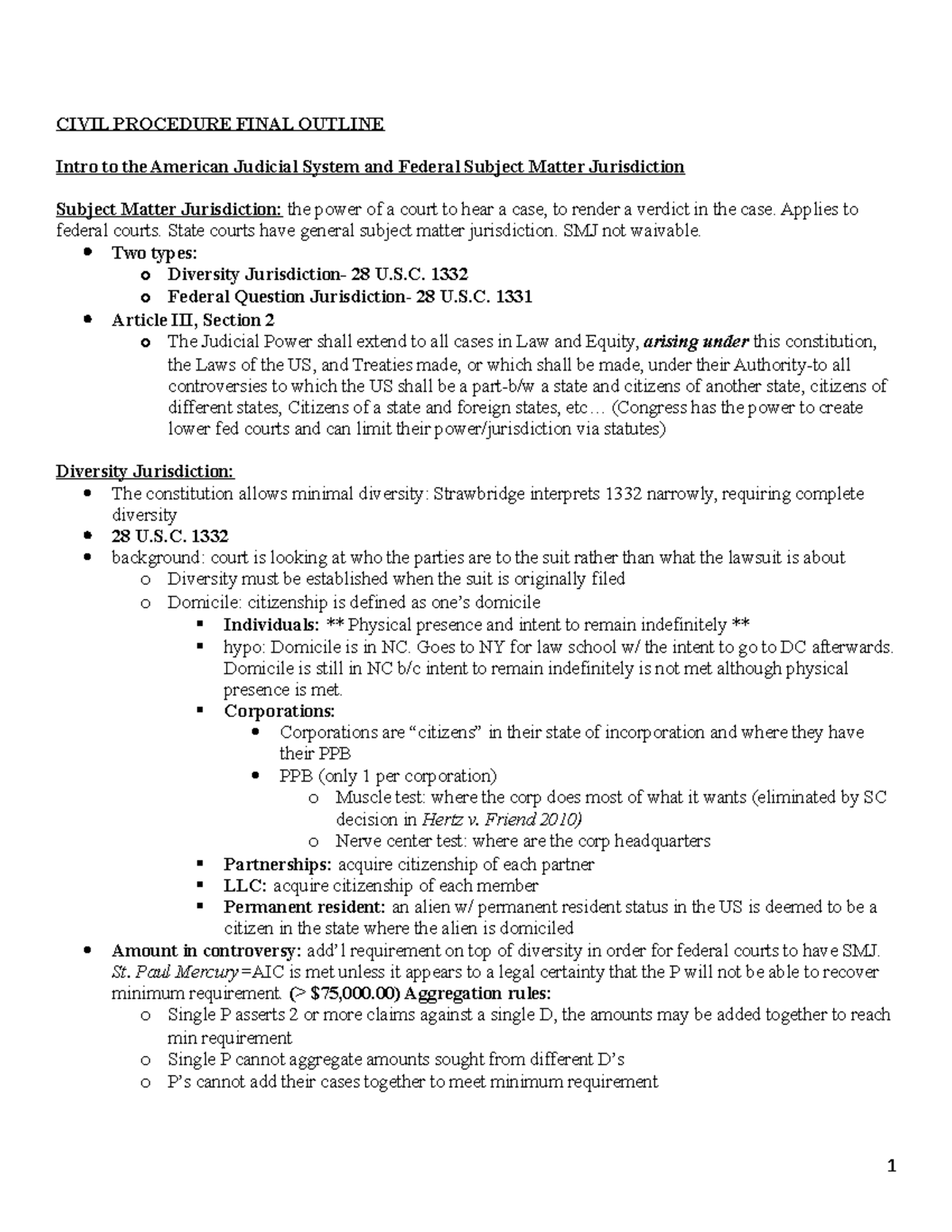 Civil Procedure Final Outline - CIVIL PROCEDURE FINAL OUTLINE Intro to ...