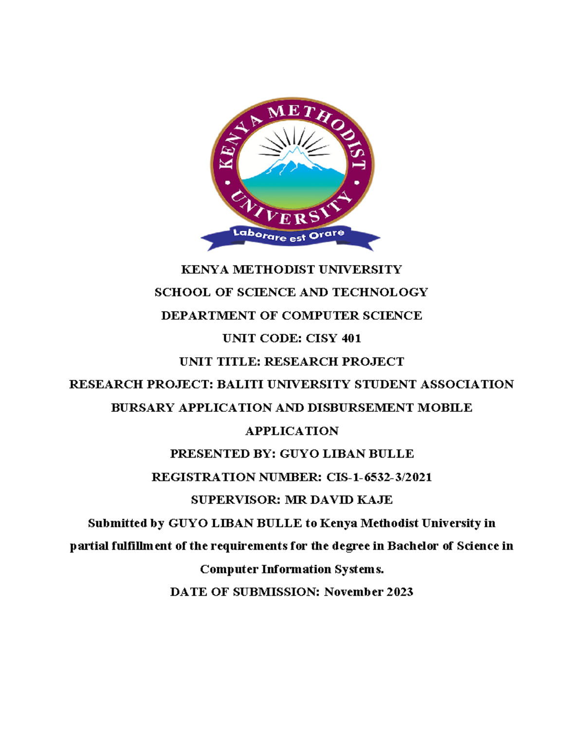 Project Sample Documentation - KENYA METHODIST UNIVERSITY SCHOOL OF ...