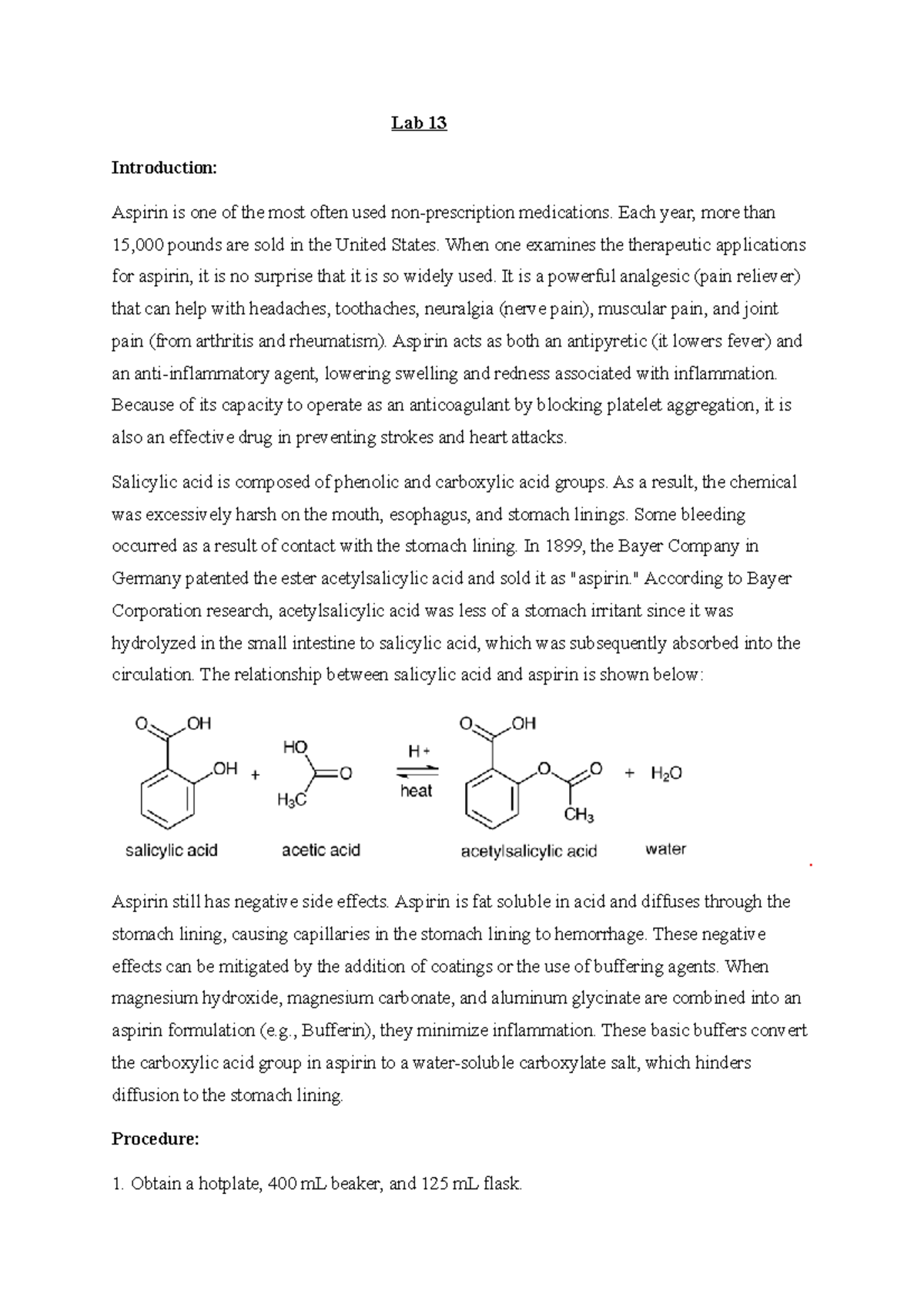Lab 13 - Aspirin is one of the most often used non-prescription ...