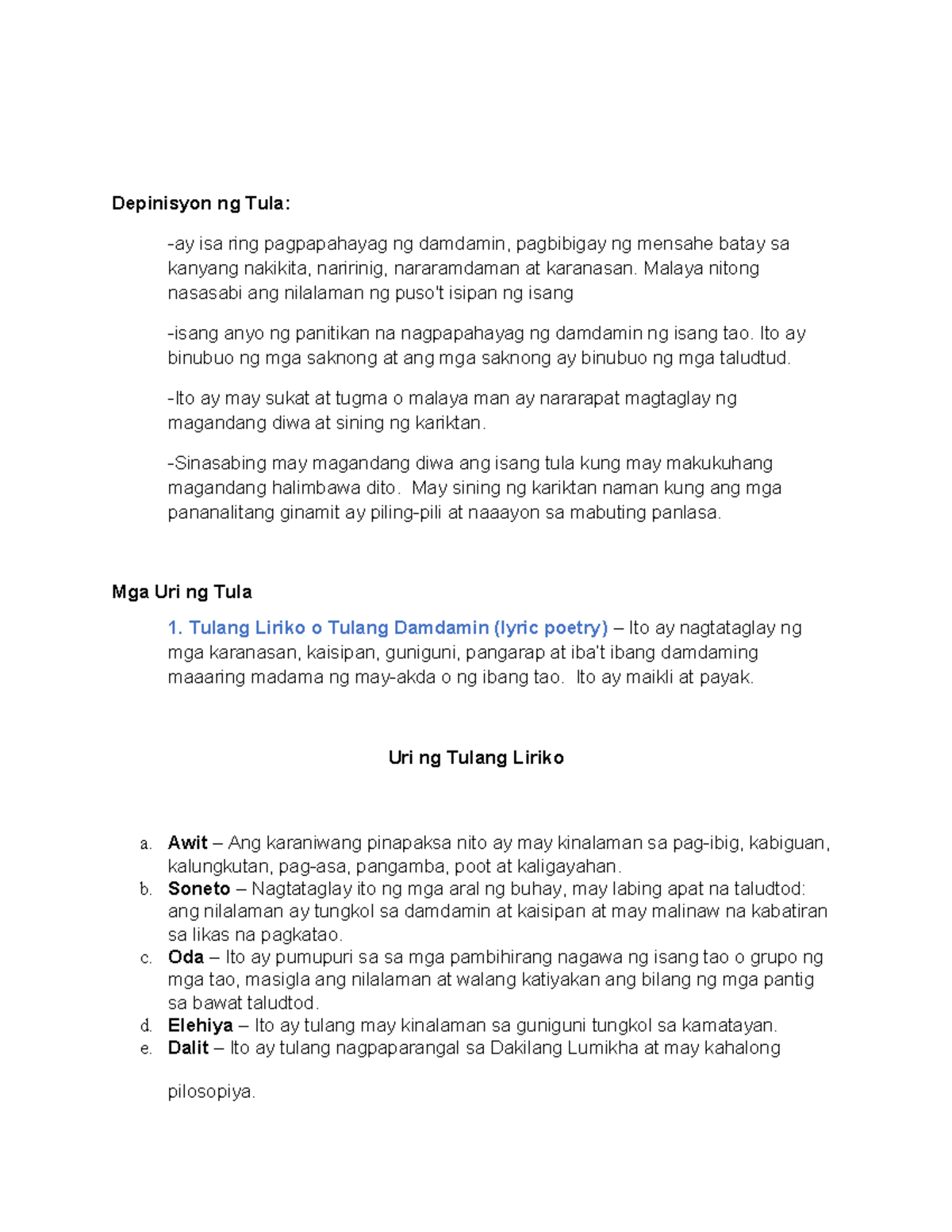 Aralin 2 Notes - Depinisyon ng Tula: -ay isa ring pagpapahayag ng ...