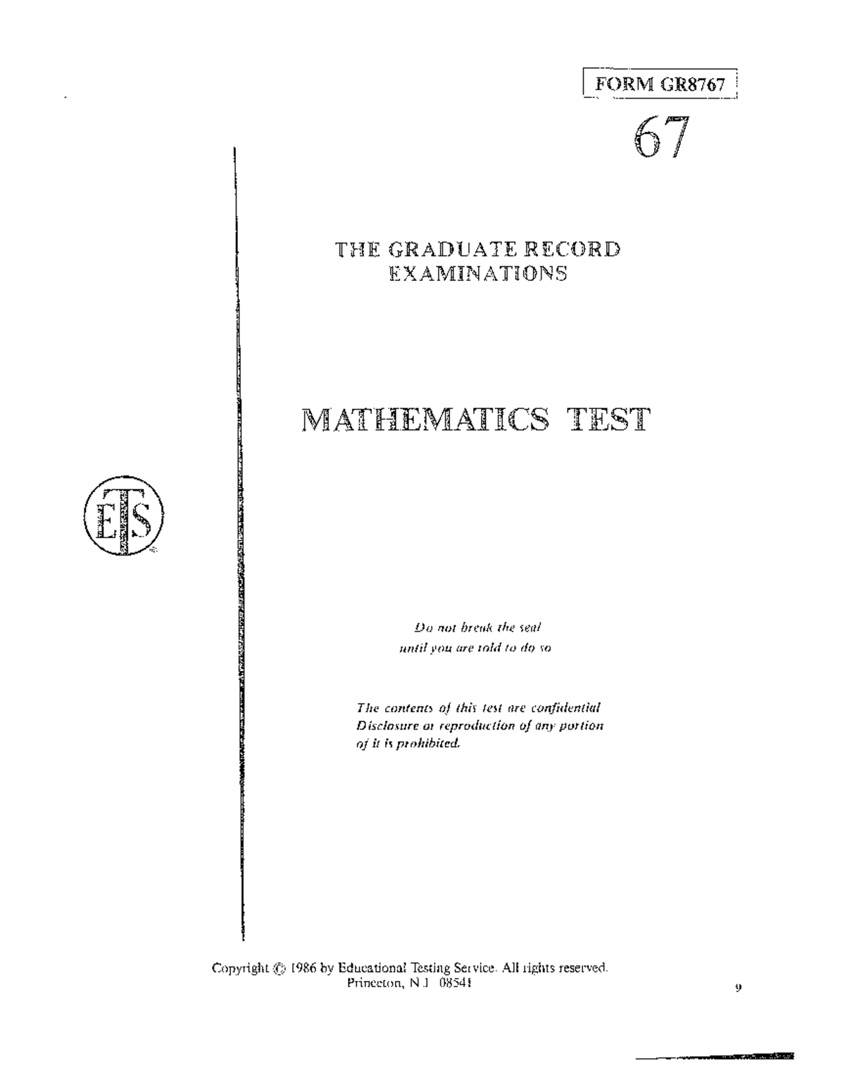 Gre mathematics 8767 - mcqs - Calculus And Analytical Geometry - Studocu