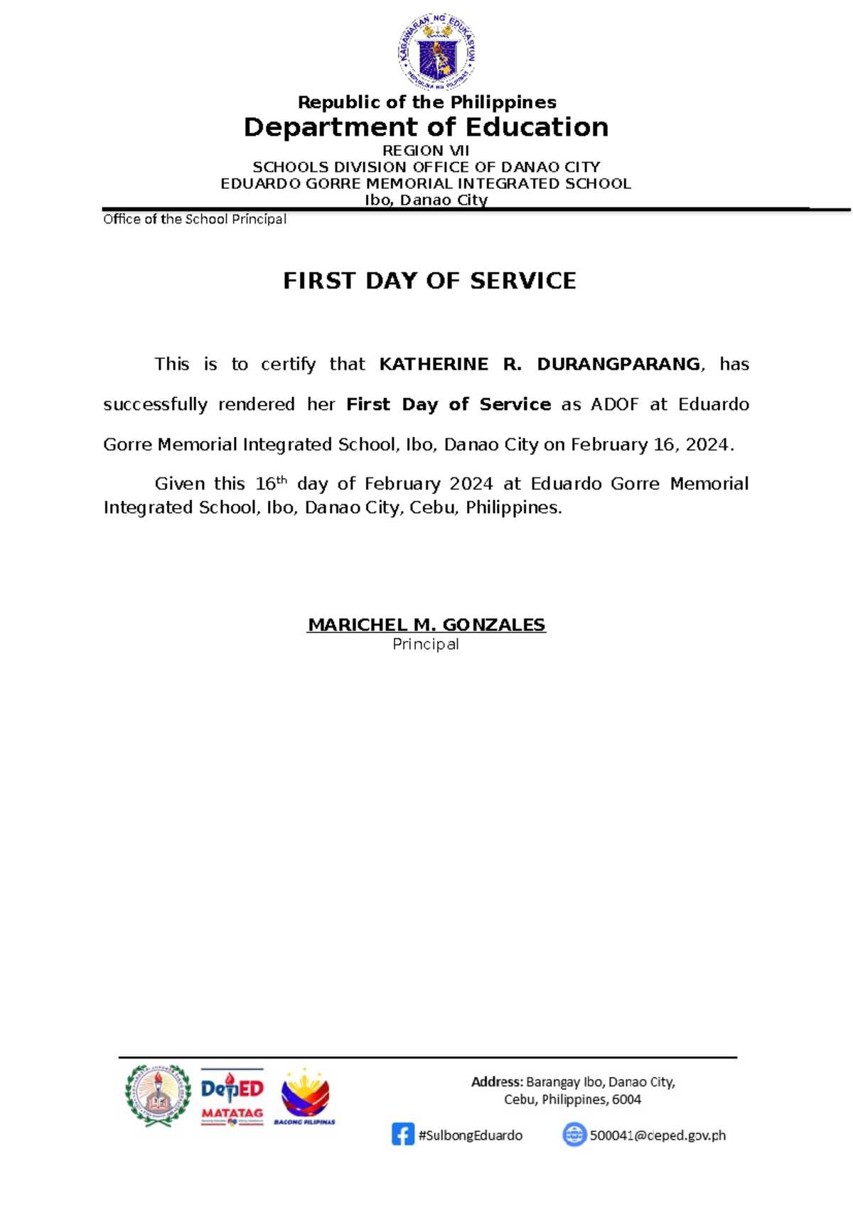 First DAY OF Service - Republic of the Philippines Department of ...