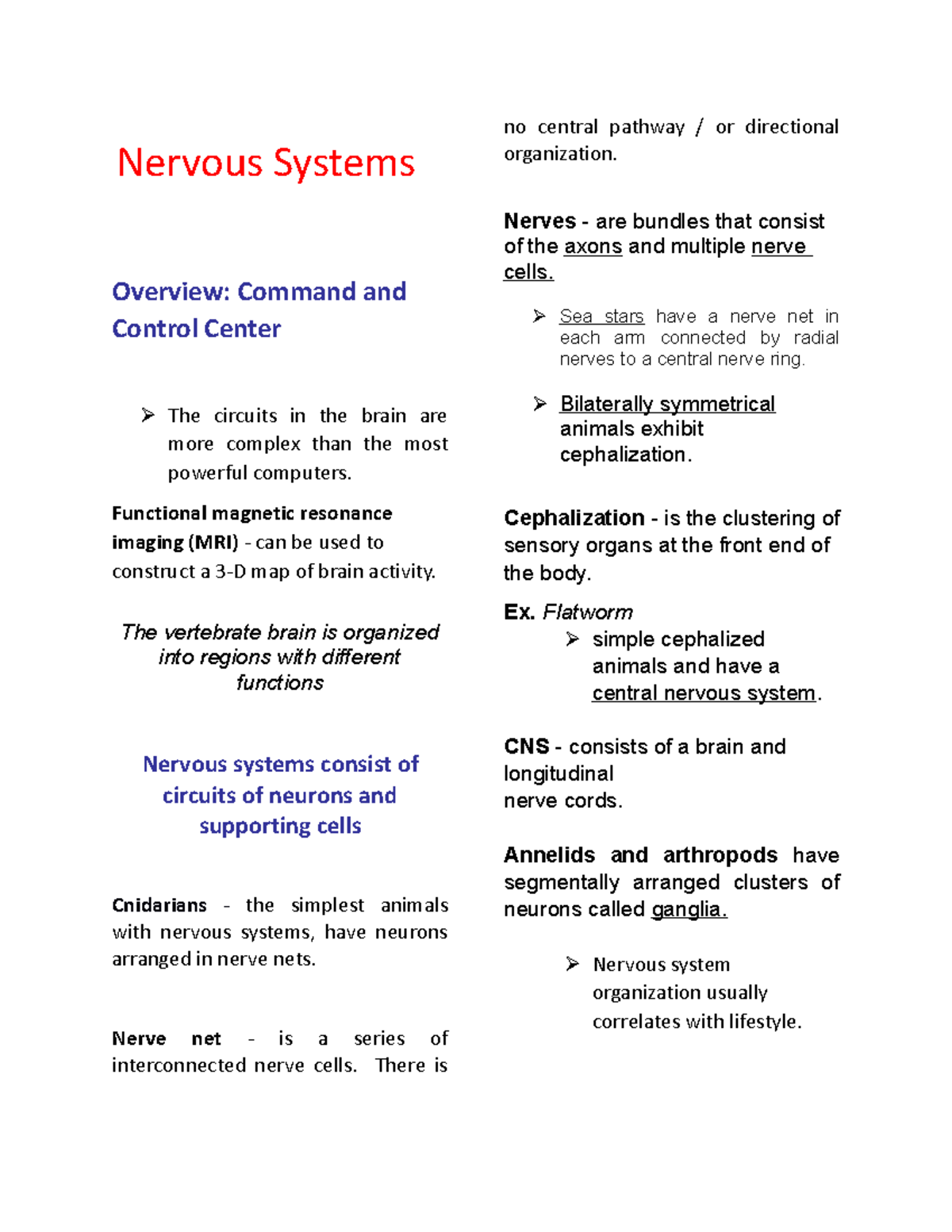 Nervous Systems - notes - Nervous Systems Overview: Command and Control ...