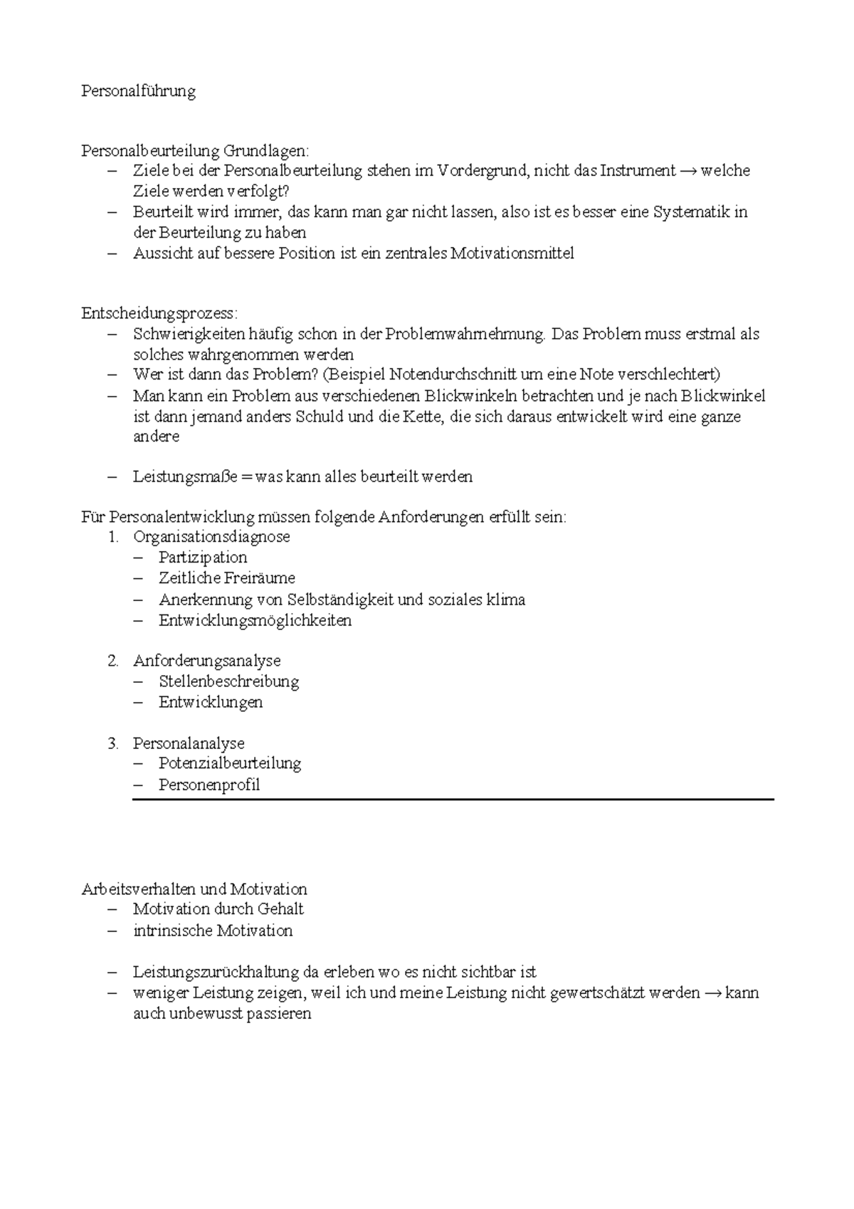 Personalführung Mitschrift - Personalführung Personalbeurteilung Grundlagen: - Ziele bei der ...