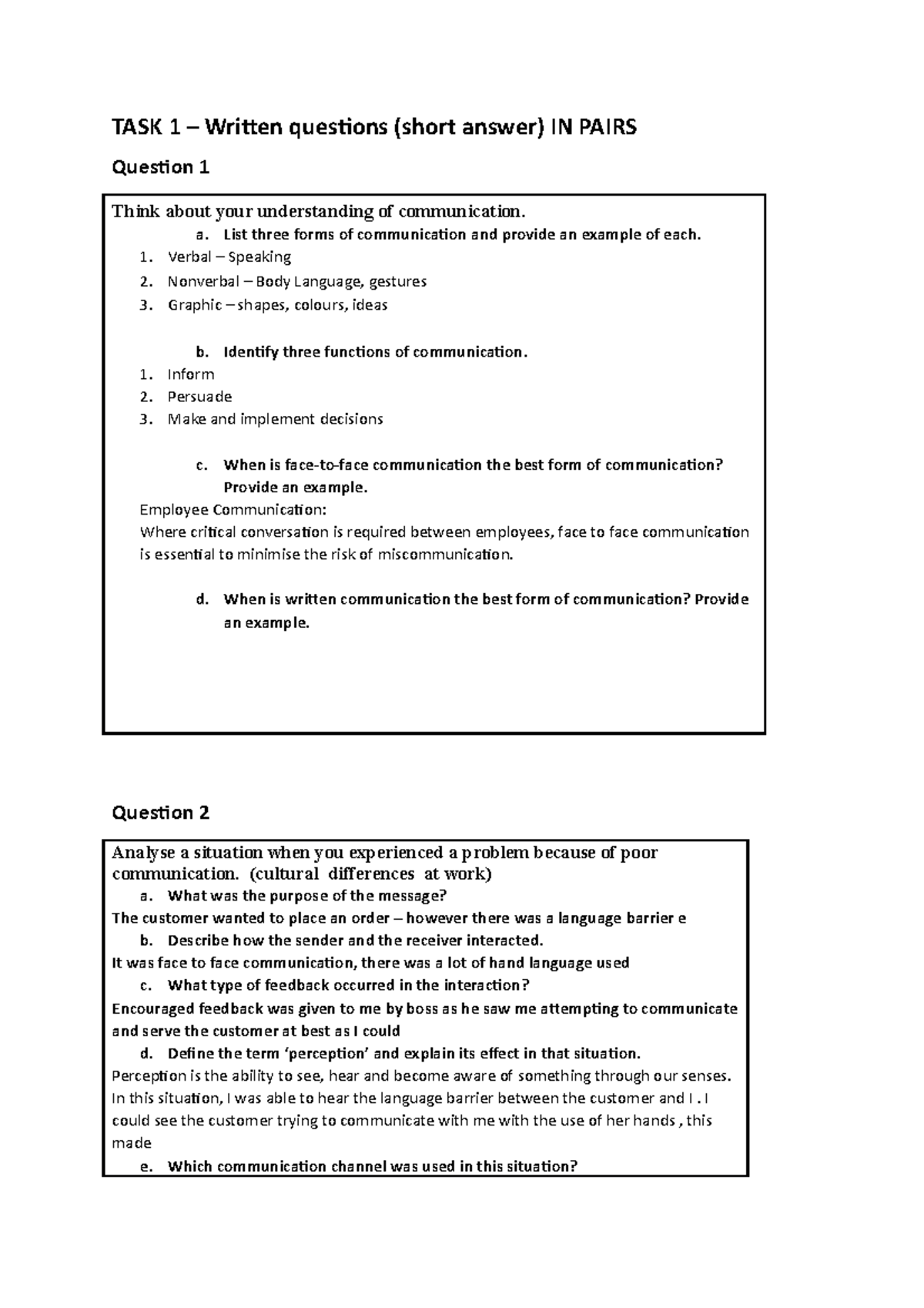 Business Communication Notes - Tutorial 1 - TASK 1 – Written questions ...