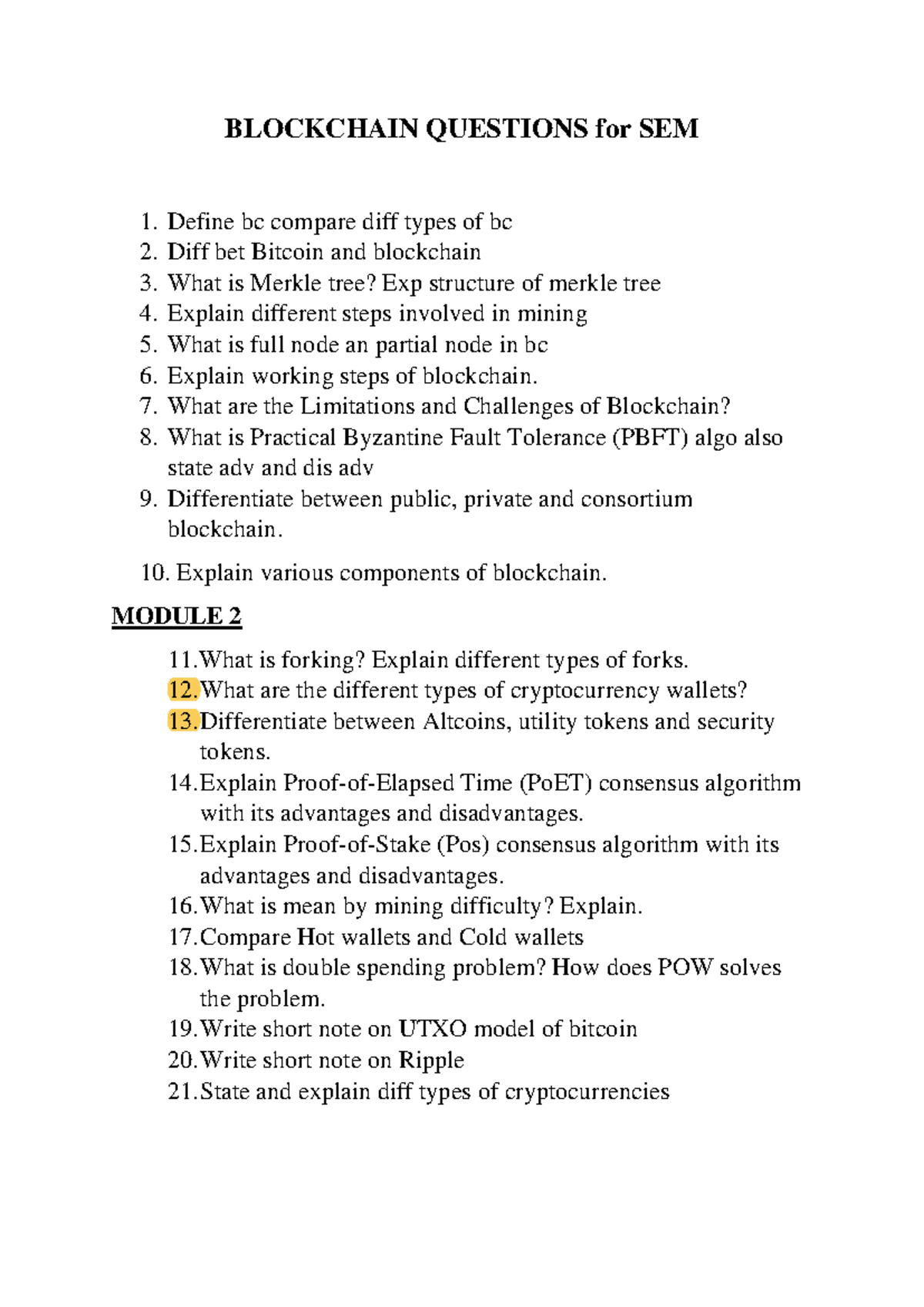 Blockchain Questions for SEM - BLOCKCHAIN QUESTIONS for SEM Define bc compare diff types of bc ...
