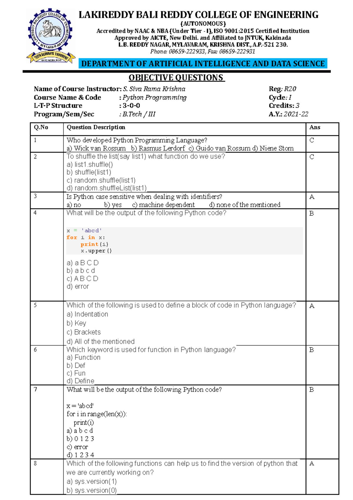Python Objective Questions - LAKIREDDY BALI REDDY COLLEGE OF ...