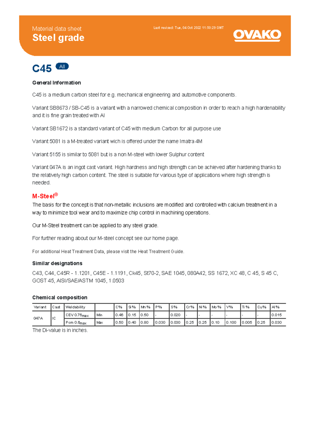 C45 - thép c45 - Material data sheet Steel grade Last revised: Tue, 04 ...