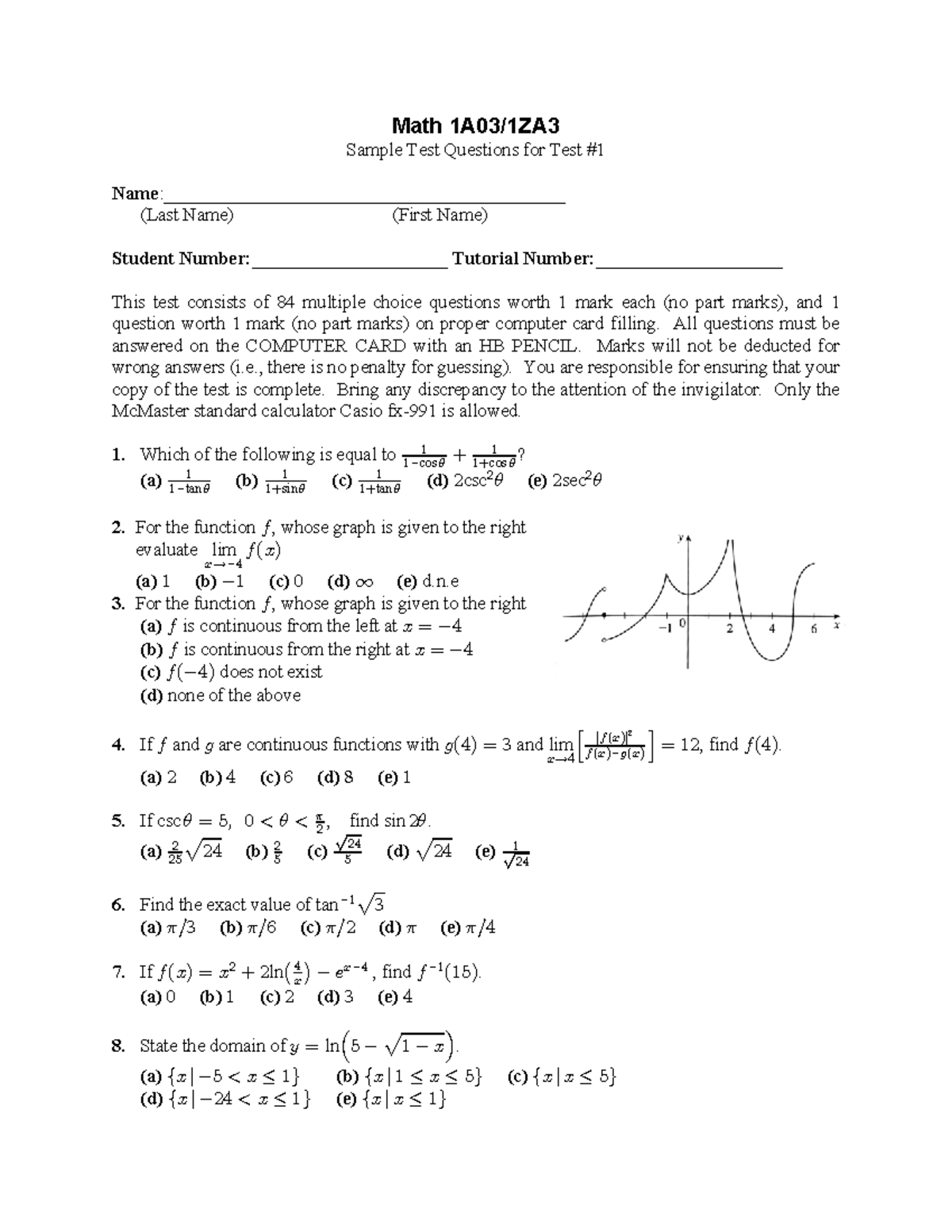 1A03/1ZA3 Midterm Test Practice Problems (Fall 2019) - Math 1Za3 ...