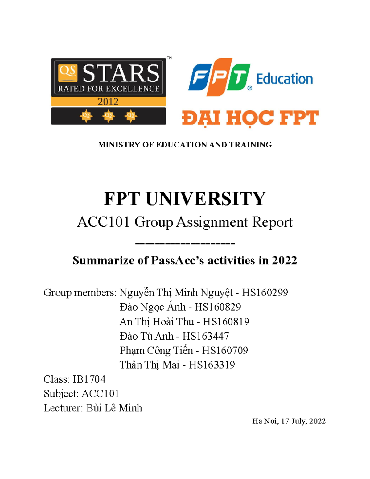 ACC - ACC101 - MINISTRY OF EDUCATION AND TRAINING FPT UNIVERSITY ACC101 Group Assignment Report ...