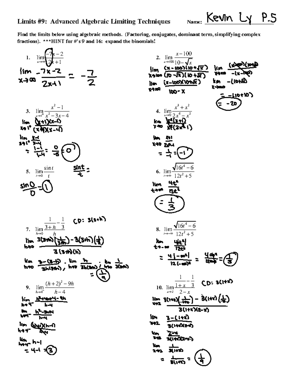 Math Calculus Limits #9 Wkst - Limits #9: Advanced Algebraic Limiting ...