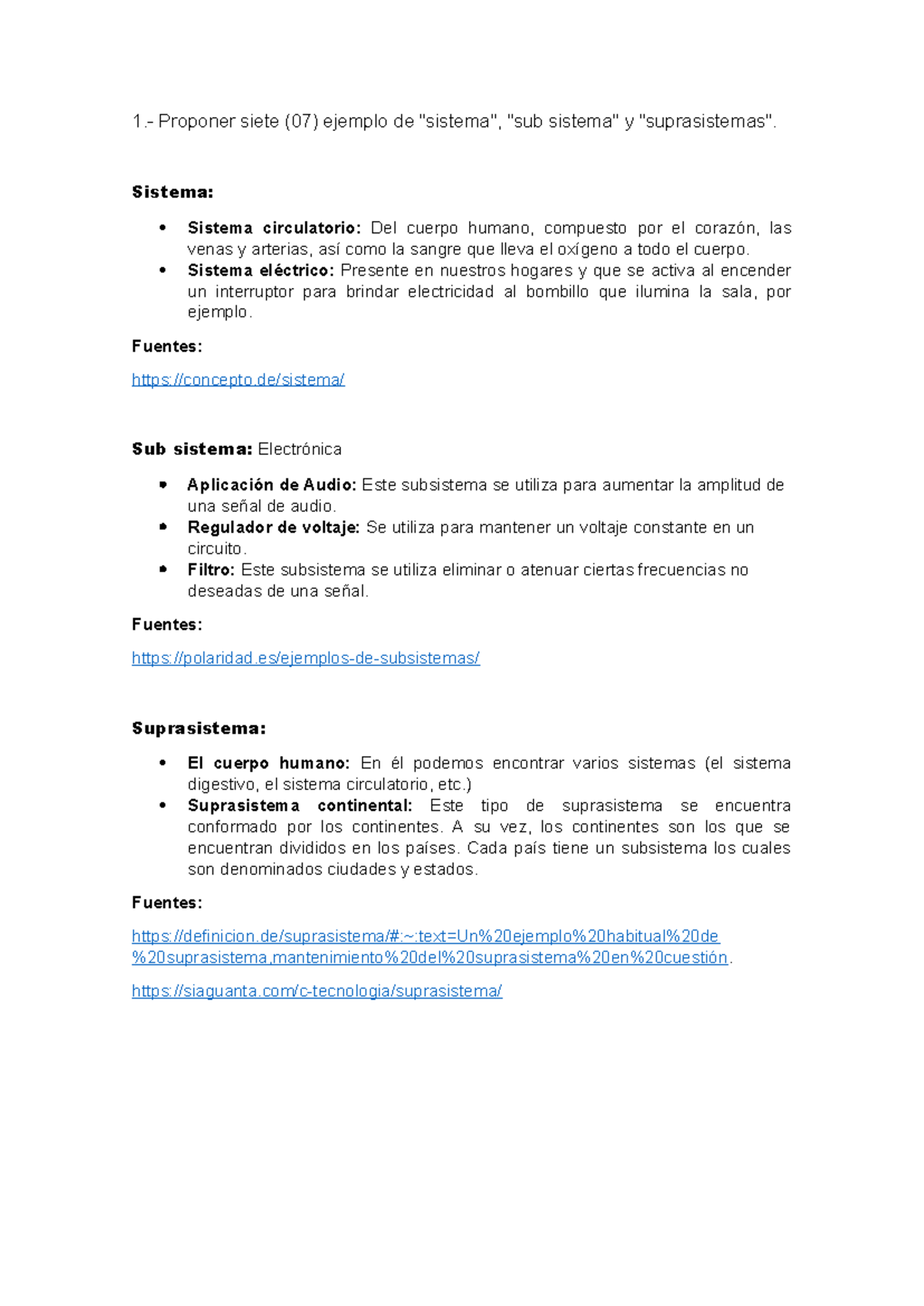 Tarea-Semana 01 - tarea - 1.- Proponer siete (07) ejemplo de "sistema ...