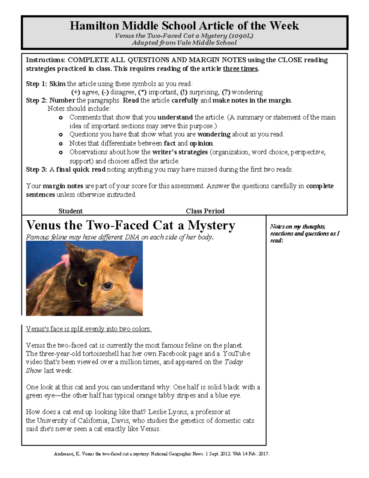 AOW-Venus cat - Bio research - Venus the Two-Faced Cat a Mystery (1090L ...