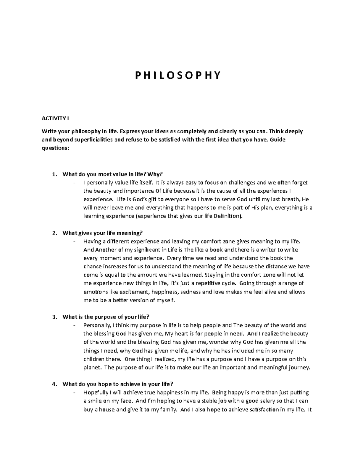 Philosophy Understanding the self - P H I L O S O P H Y ACTIVITY I ...