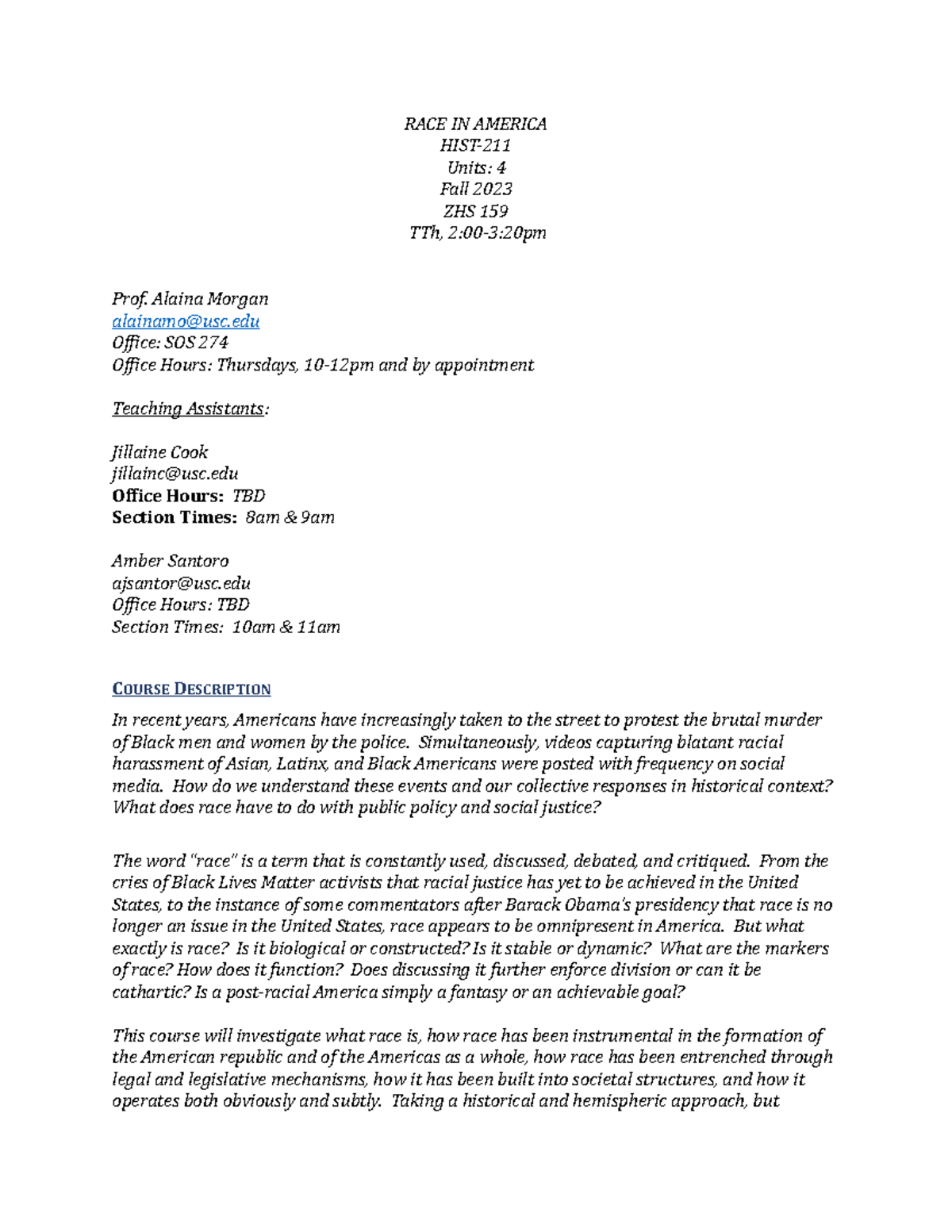 Morgan - USC - race in America Syllabus- Fall 2023(2) - RACE IN AMERICA ...
