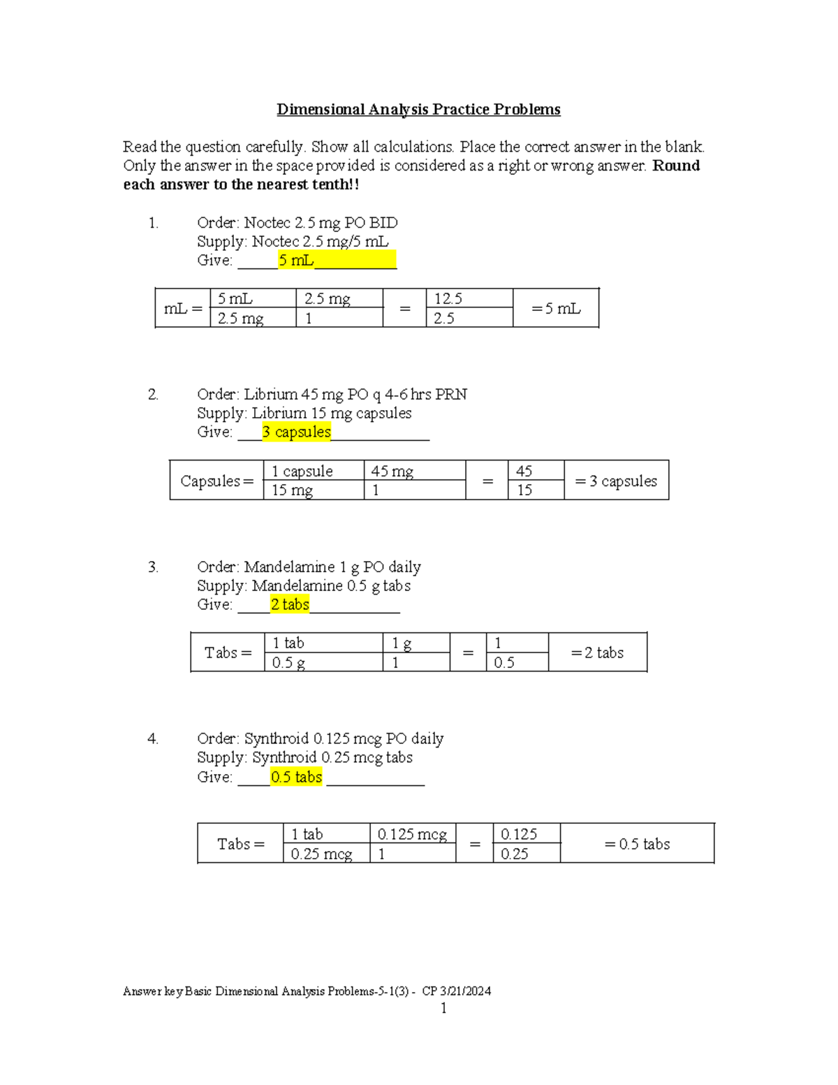 Answer Key Basic Dimensional Analysis Problems 5 1 3 Dimensional