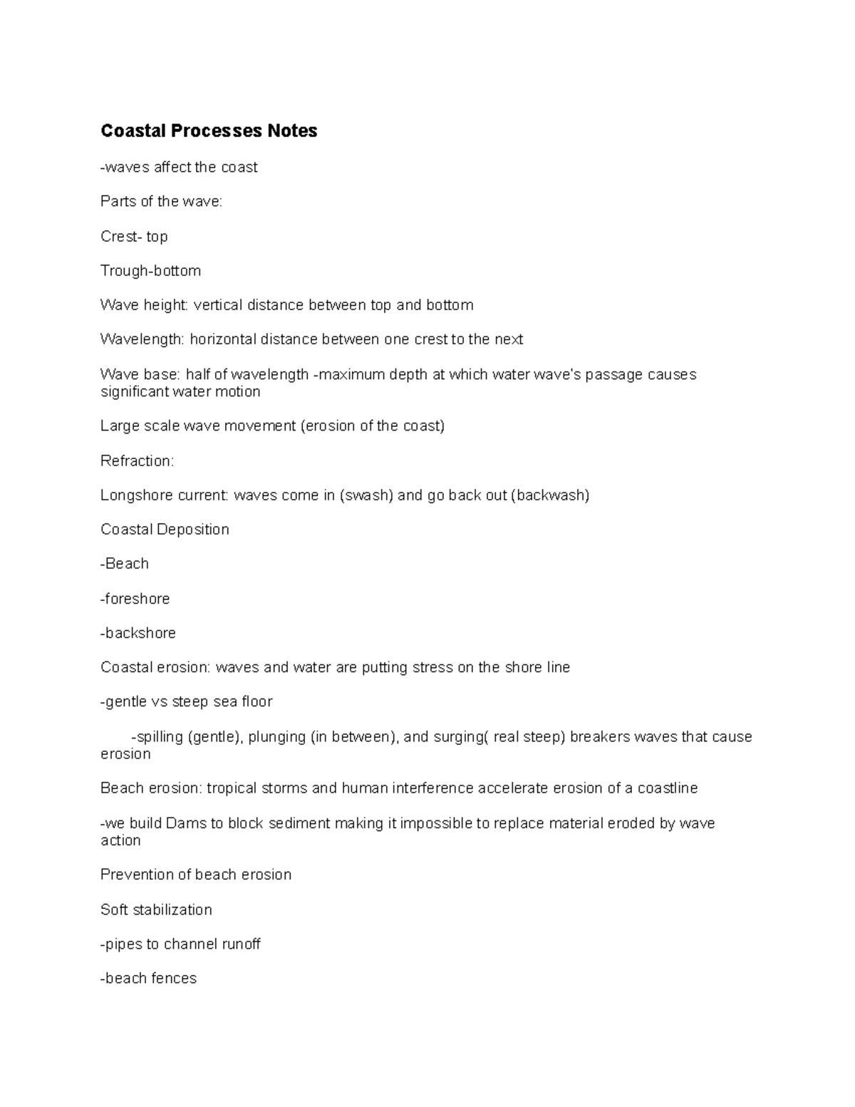 Coastal Processes Notes - Coastal Processes Notes -waves affect the ...