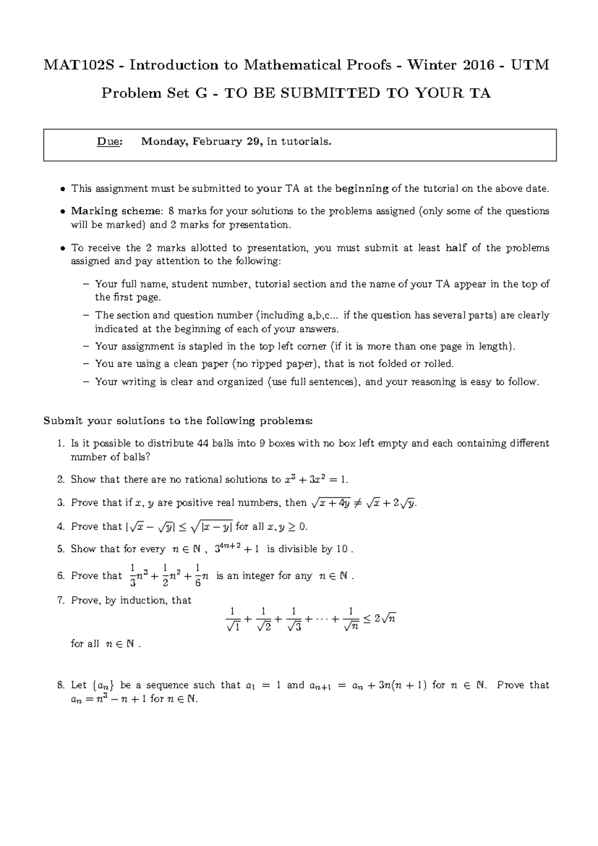 Problem Set G - MAT102S - Introduction to Mathematical Proofs - Winter ...