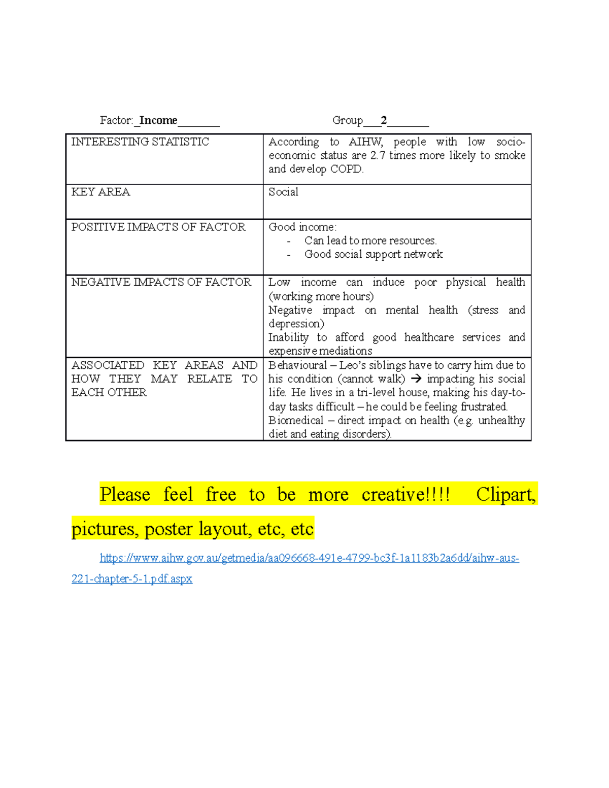 Tut 2 activity case - Tutorial 2 summary - Factor:_ Income ...