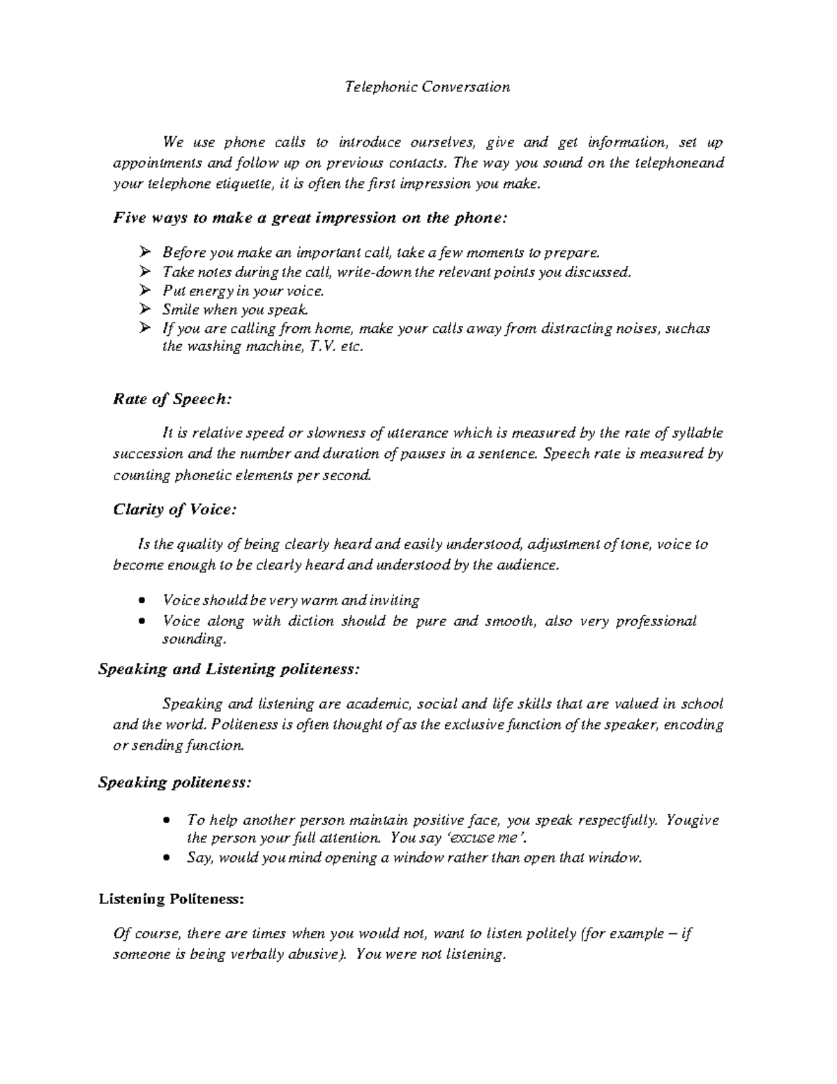 telephonic conversation - Telephonic Conversation We use phone calls to ...