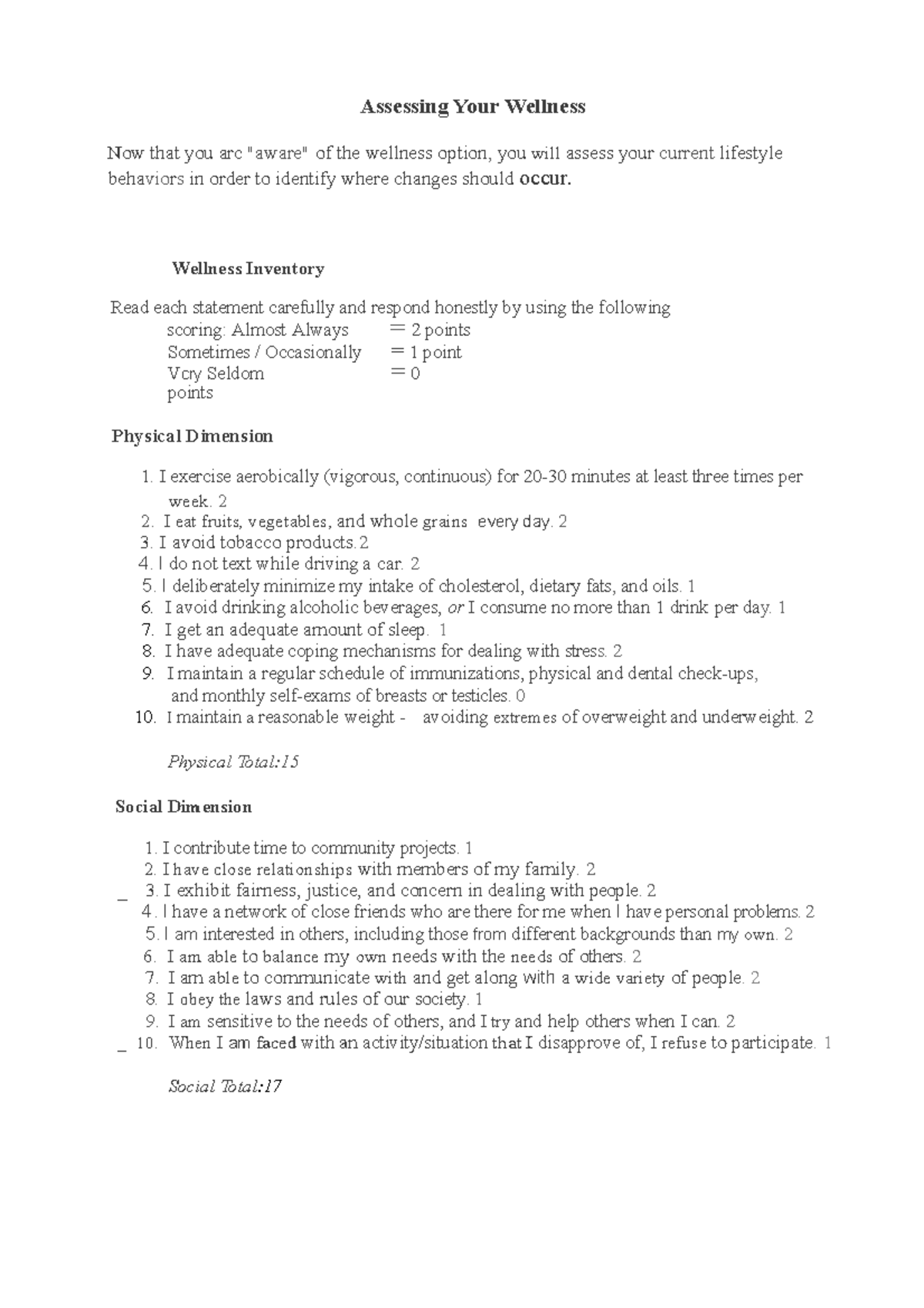 Assessing Your Wellness - Wellness Inventory Read each statement ...